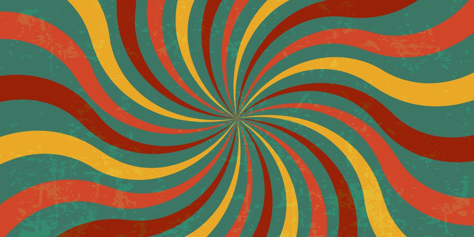 Groovy background, retro 1970s card with scuffed texture and spiral distorted wavy lines ...