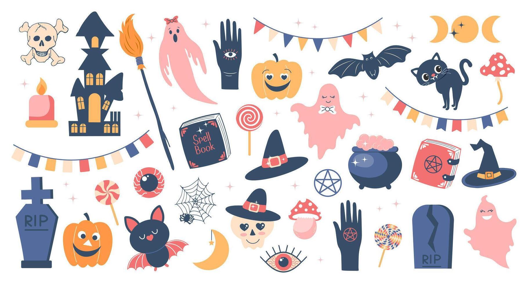 Halloween cute set of elements. Pumpkins, spell book, scary cat, bat ...