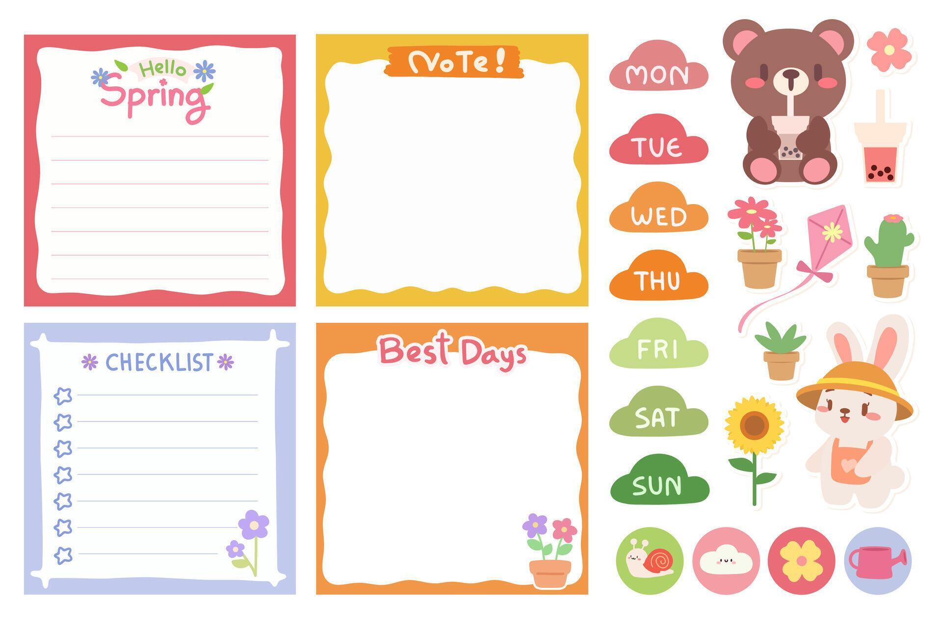 Springtime Memo and Checklist with Cute Kawaii Bear and Bunny. Perfect ...