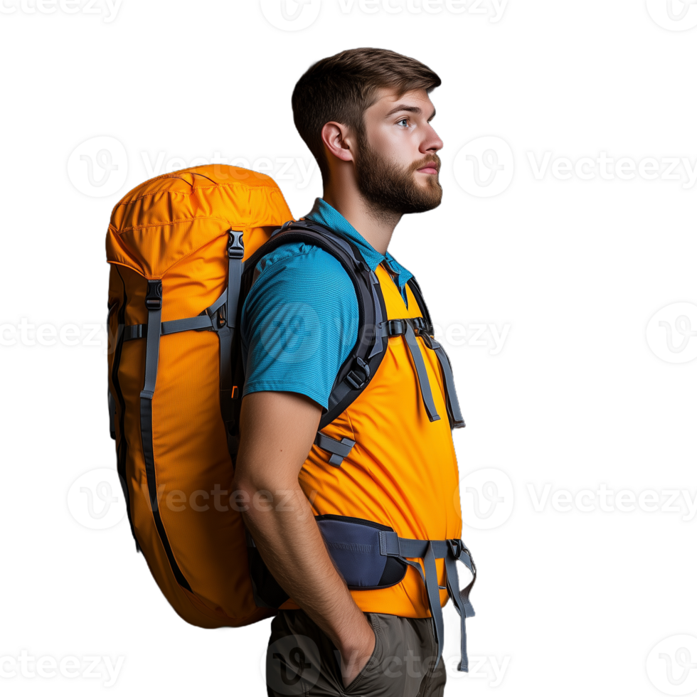 Man wearing orange backpack and blue shirt with thoughtful expression, facing right in side ...