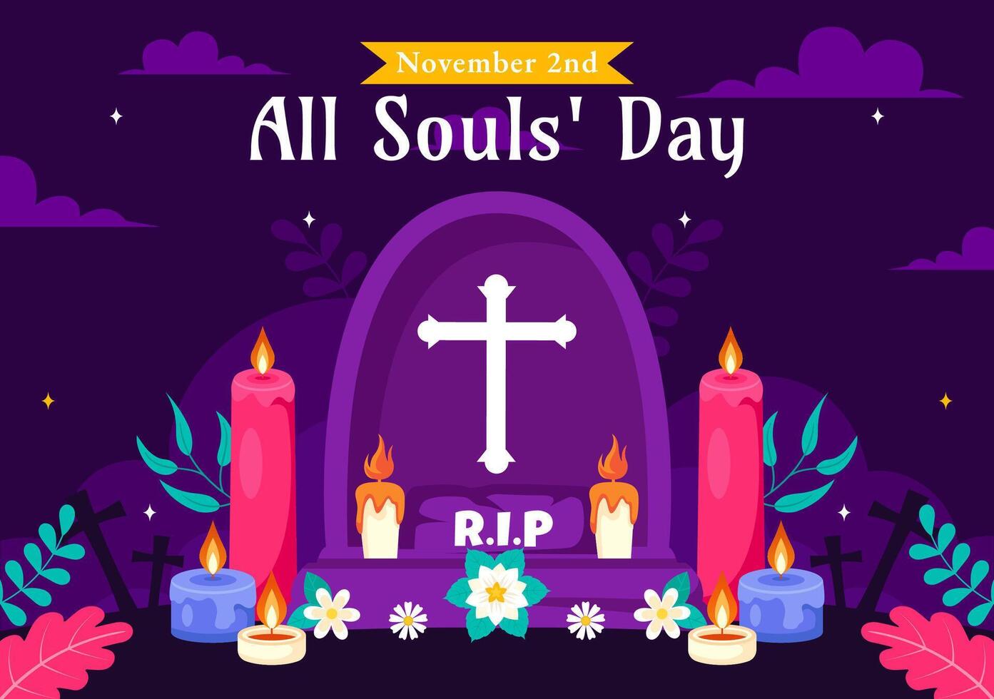 Commemorating All Souls Day With Candles And Christian Symbols In A Flat Style Illustration