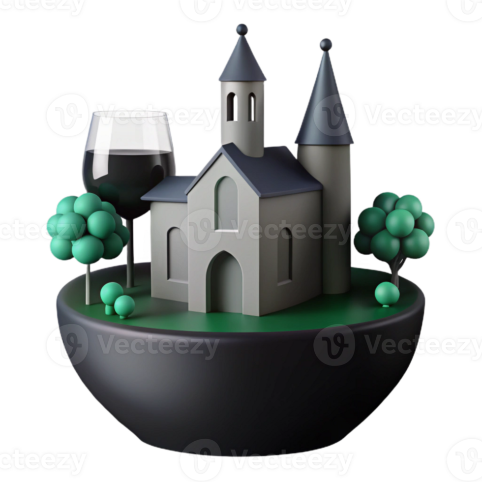 3d ilustración de un pequeño castillo en un isla con un vaso de vino ... 3d ilustración de un pequeño castillo en un isla con un vaso de vino ...