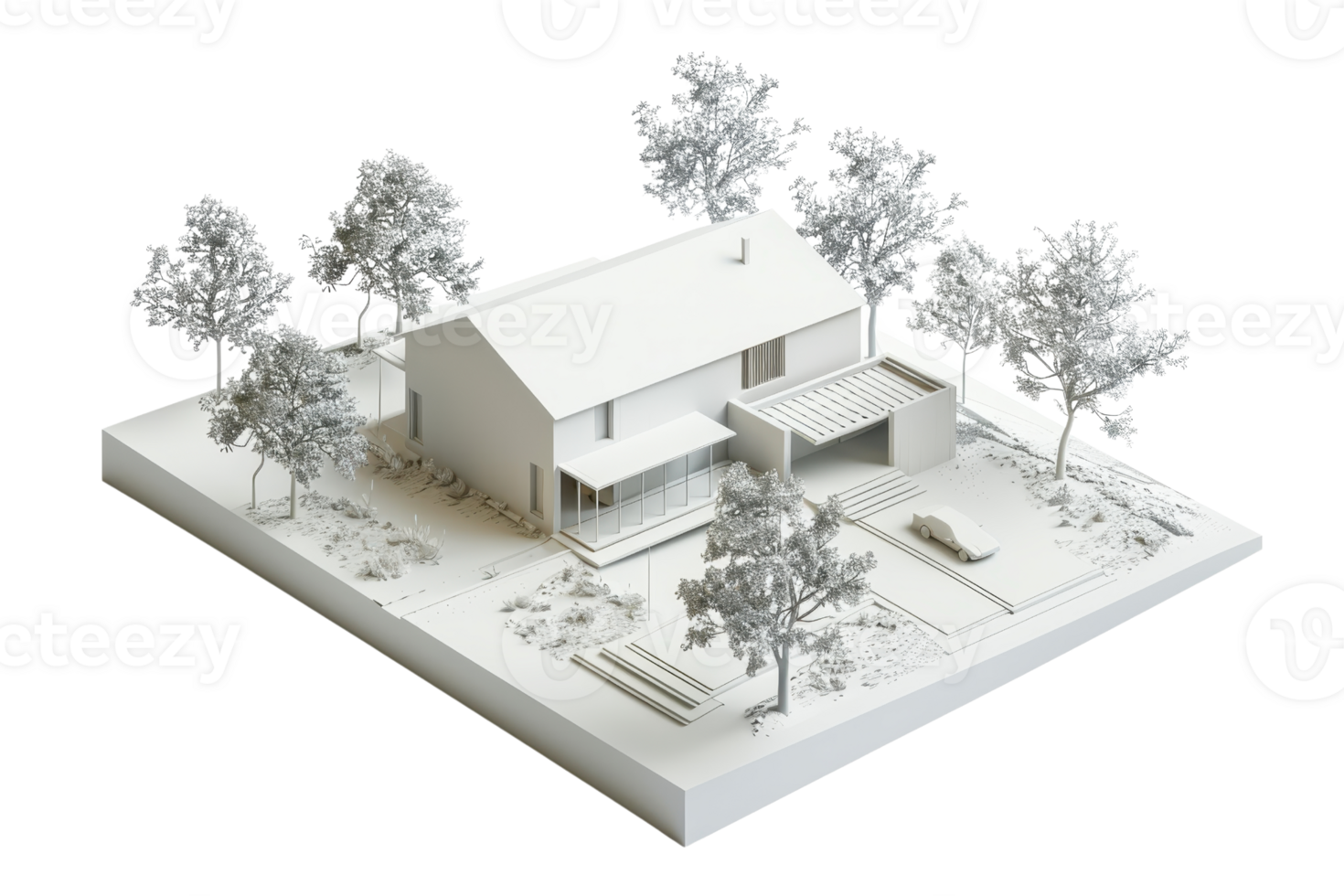 3D architectural model of a modern house with surrounding trees ...