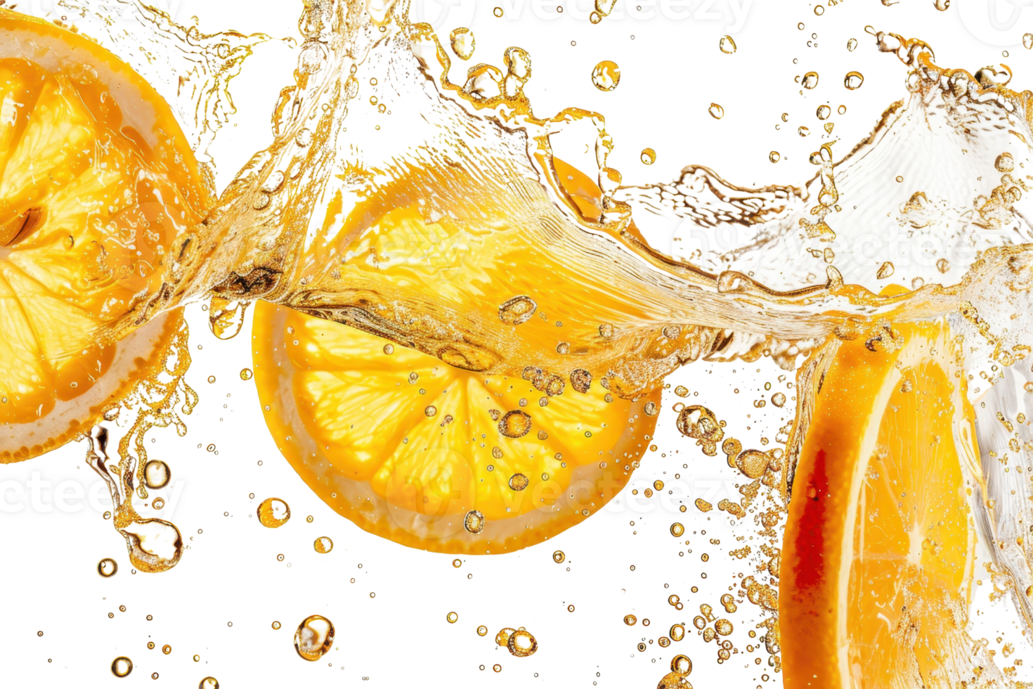Refreshing splash of water with juicy orange slices in motion, capturing the essence of citrus ...