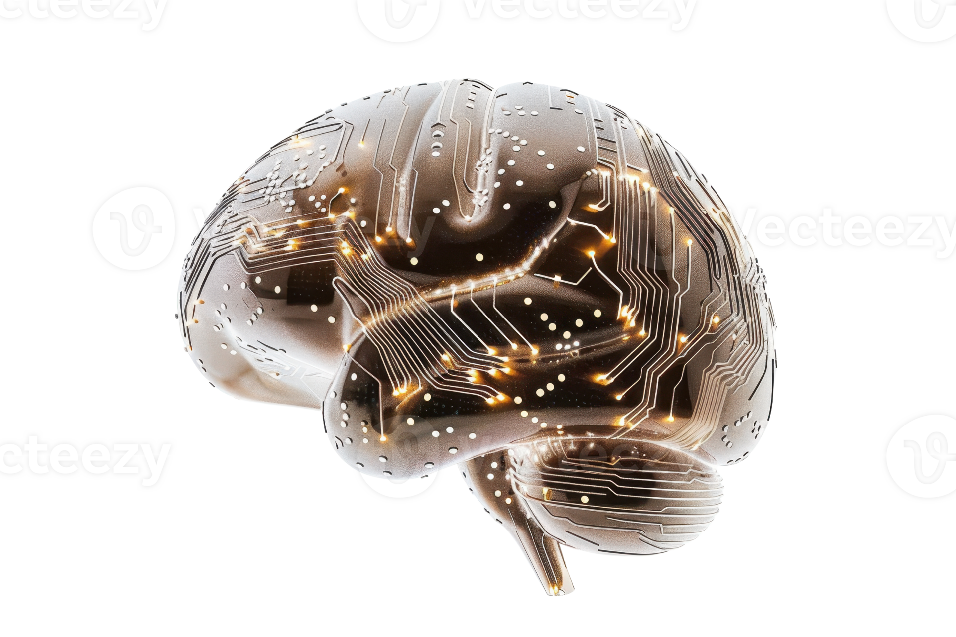3D rendered digital brain with integrated circuit patterns and glowing lights, representing ...