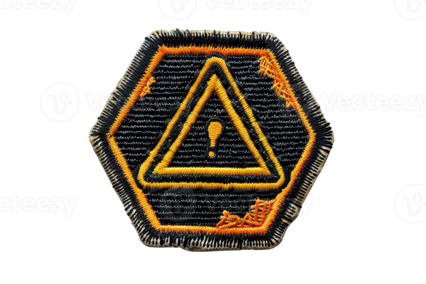 A Black And Orange Embroidered Hexagon Safety Patch With A Warning