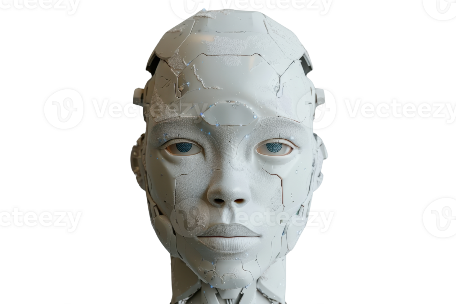 Close-up of a humanoid robot face, showcasing detailed features and advanced artificial ...