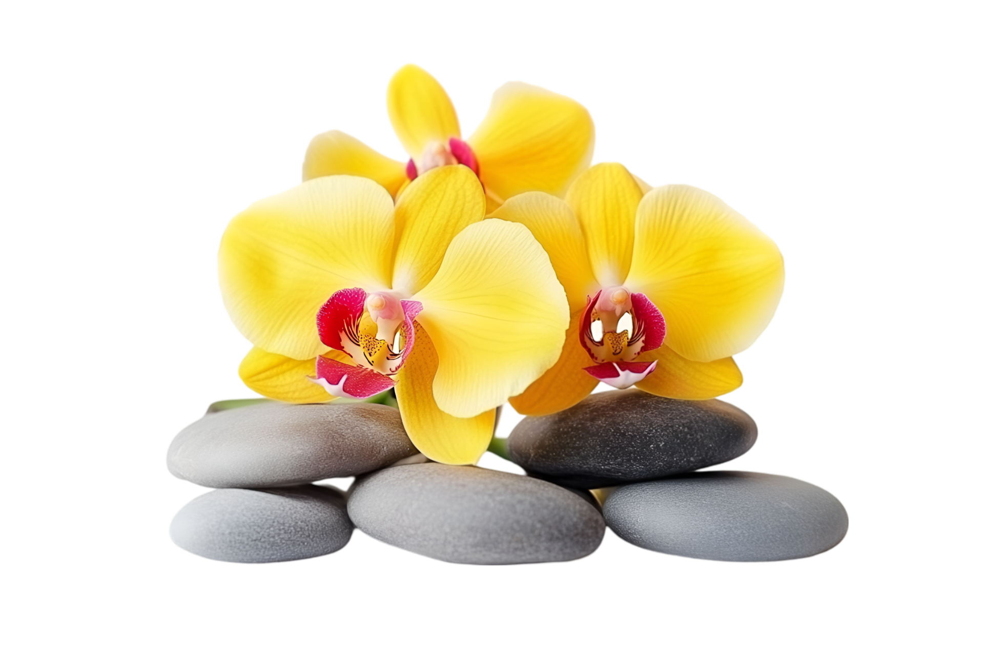 Yellow orchids with red centers on smooth grey stones isolated on a ... Yellow orchids with red centers on smooth grey stones isolated on a ...
