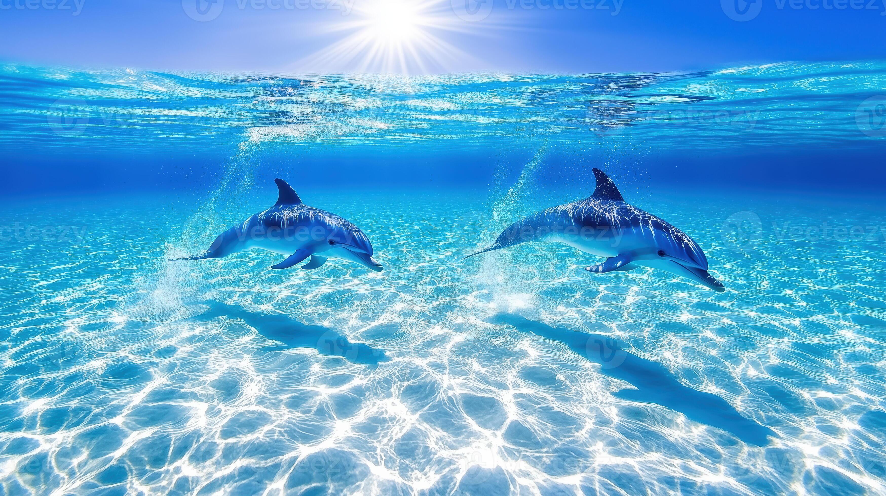 Dolphins swim gracefully in clear blue water, illuminated by sunlight ...