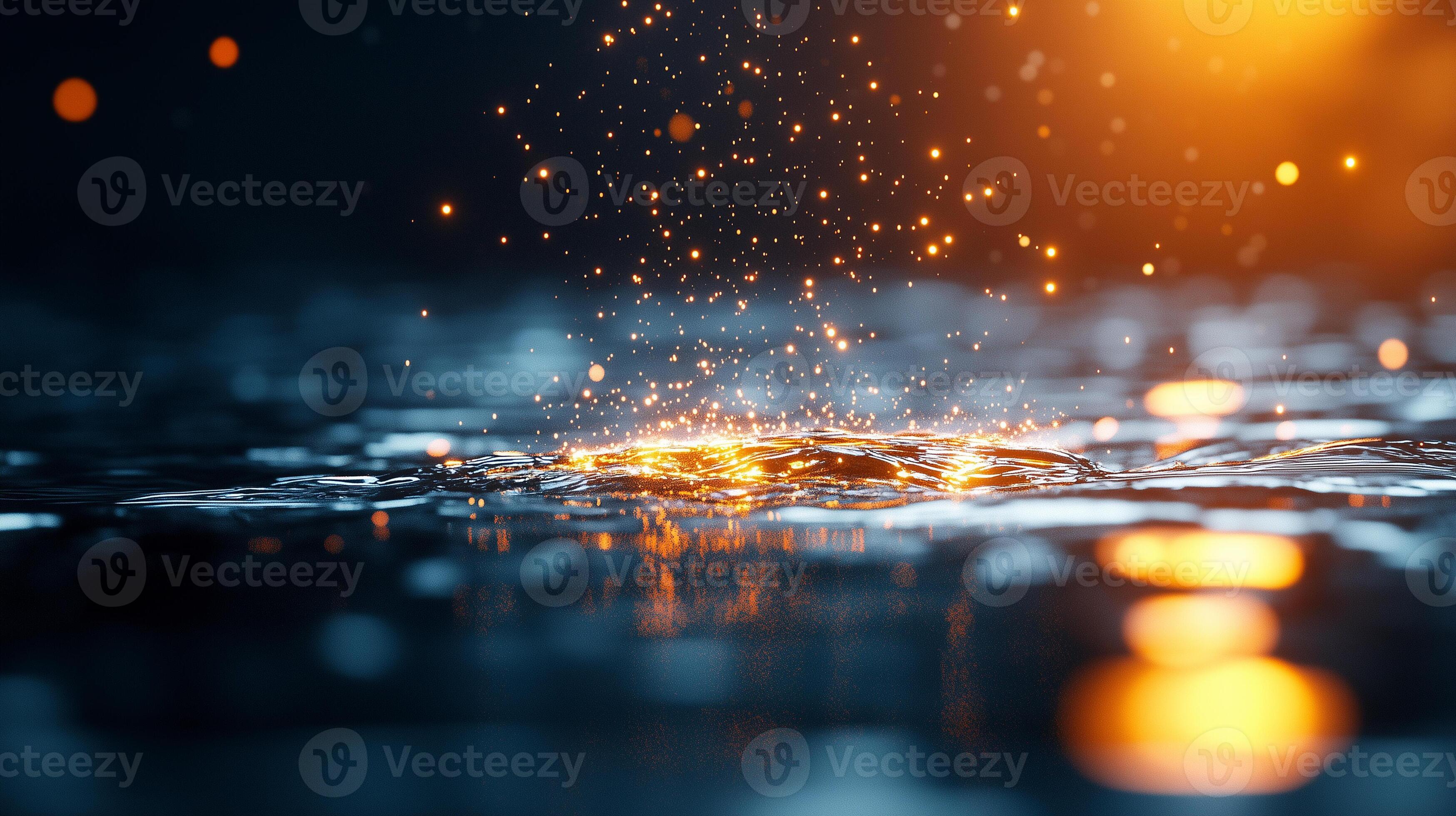 mesmerizing close up of water droplets creating ripples and sparks, illuminated by warm light ...