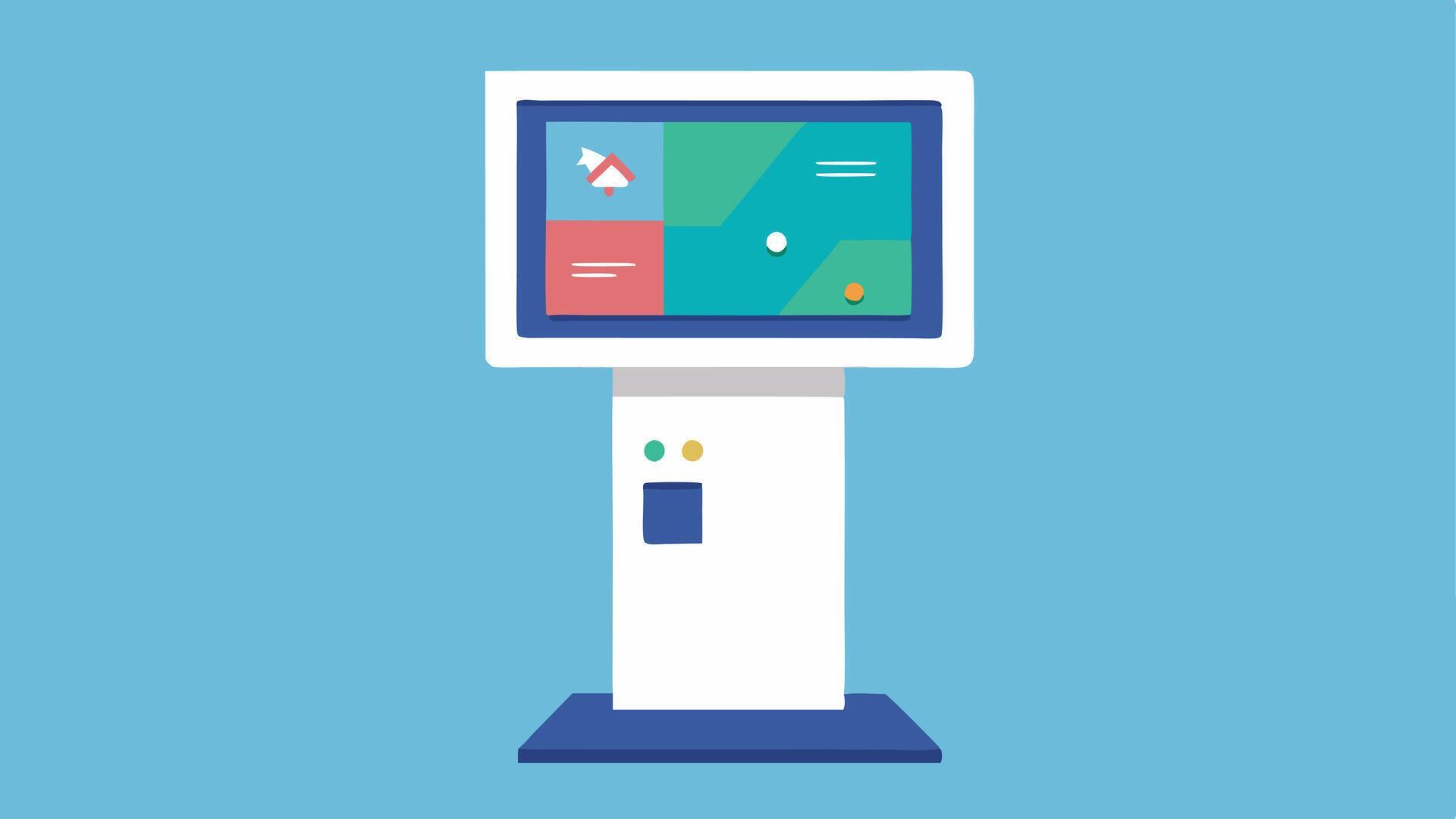 Informational Kiosk A tall interactive touchscreen kiosk displaying maps and information with ...