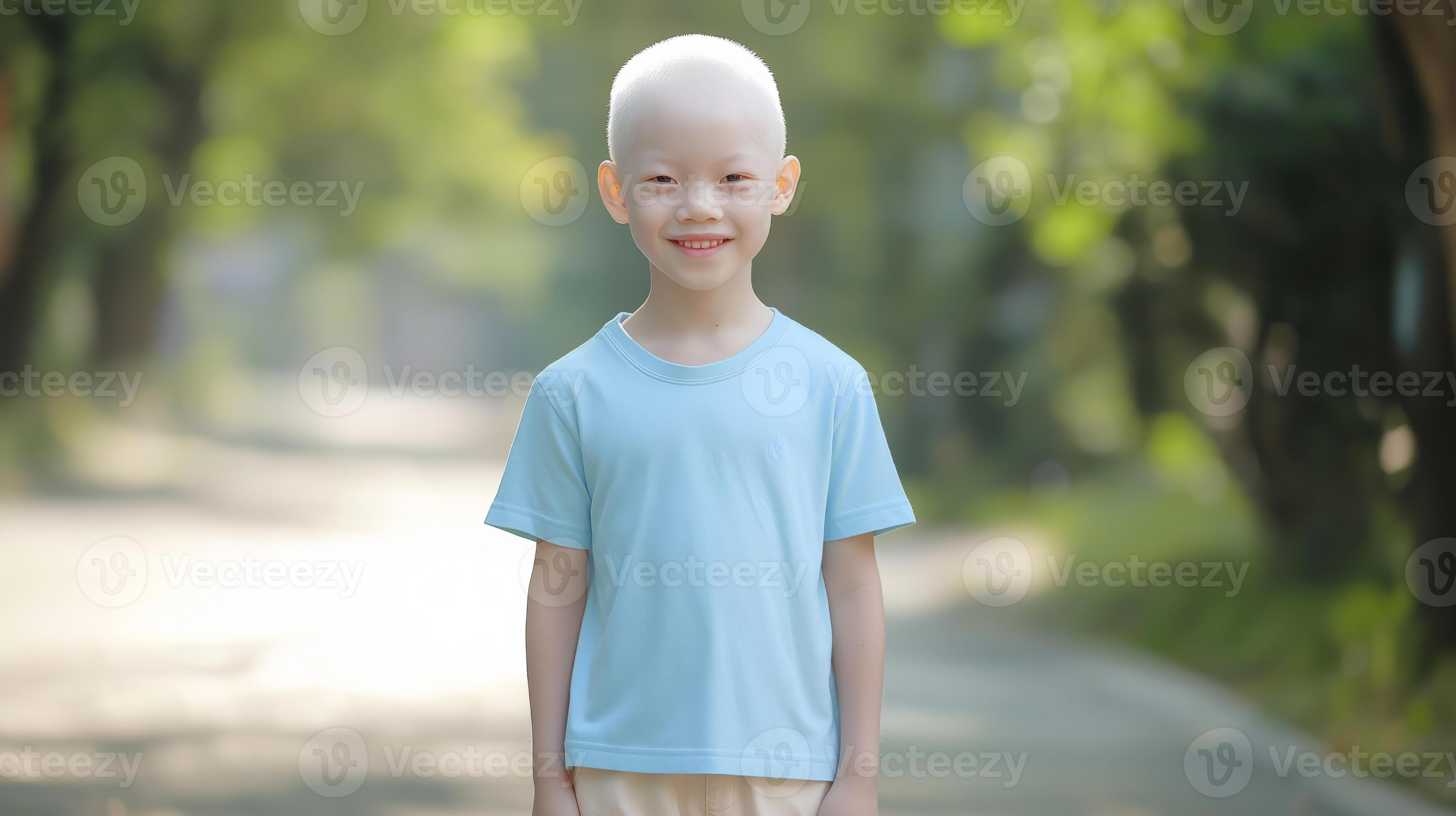 Smiling Chinese Albino Boy in Blue Shirt on Sunny Day, Outdoor Portrait, Diversity, Concept of ...