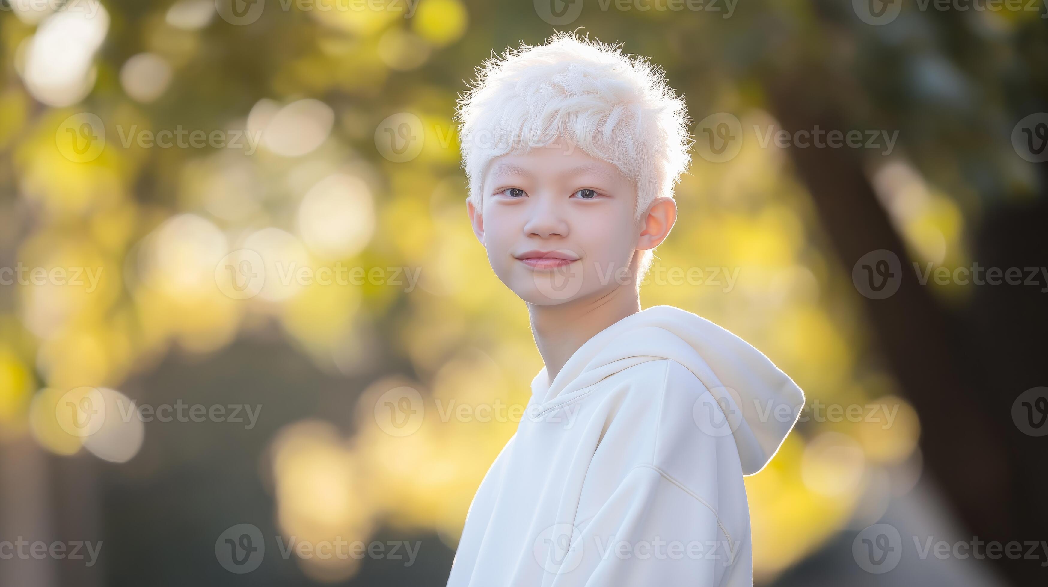 Portrait of a Southeast Asian Albino Teenager in Outdoor Natural Light with Autumn Background ...