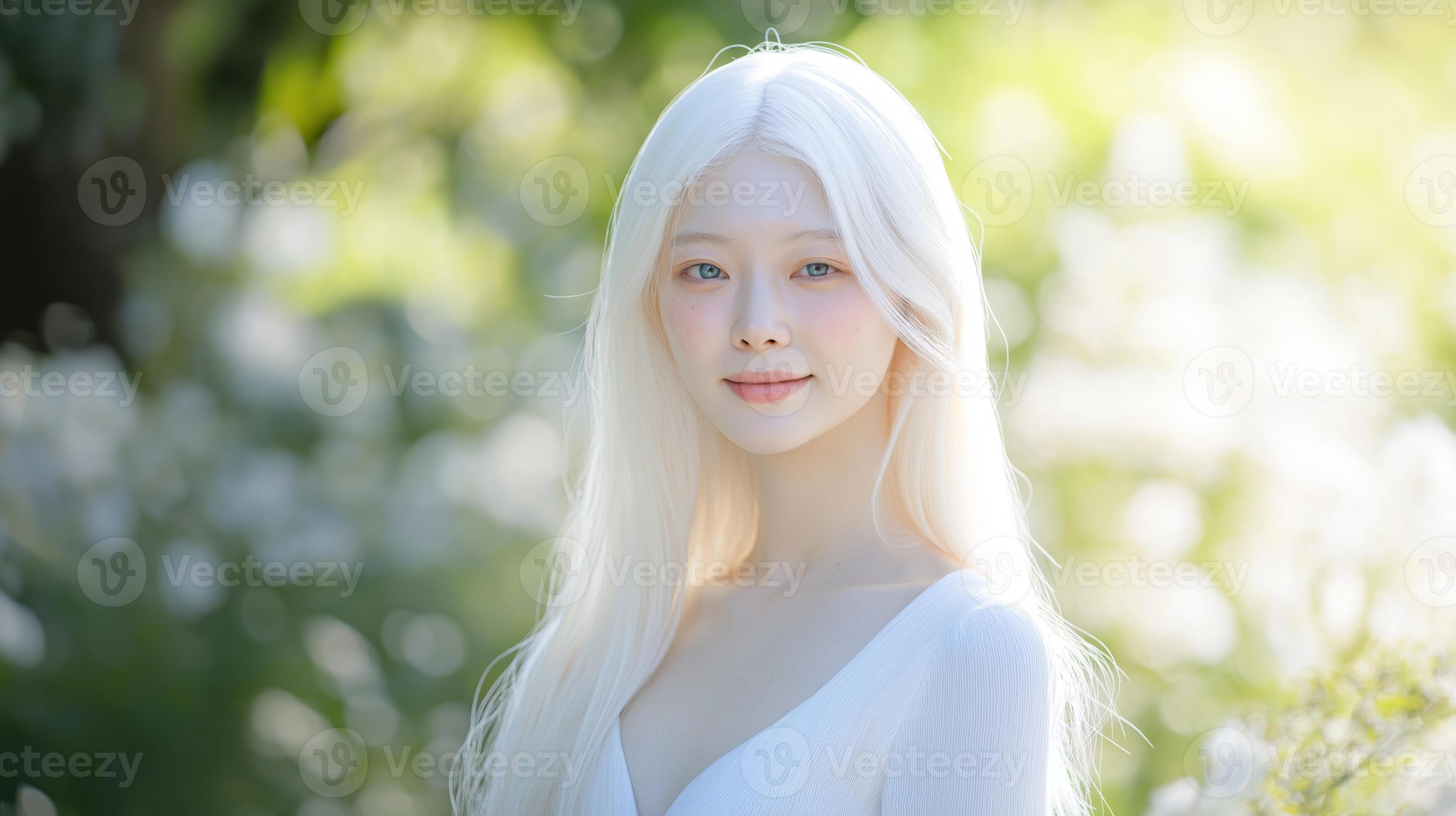 Elegant Albino Chinese Woman in White Dress Standing in Sunlit Garden Diversity, Beauty, and ...