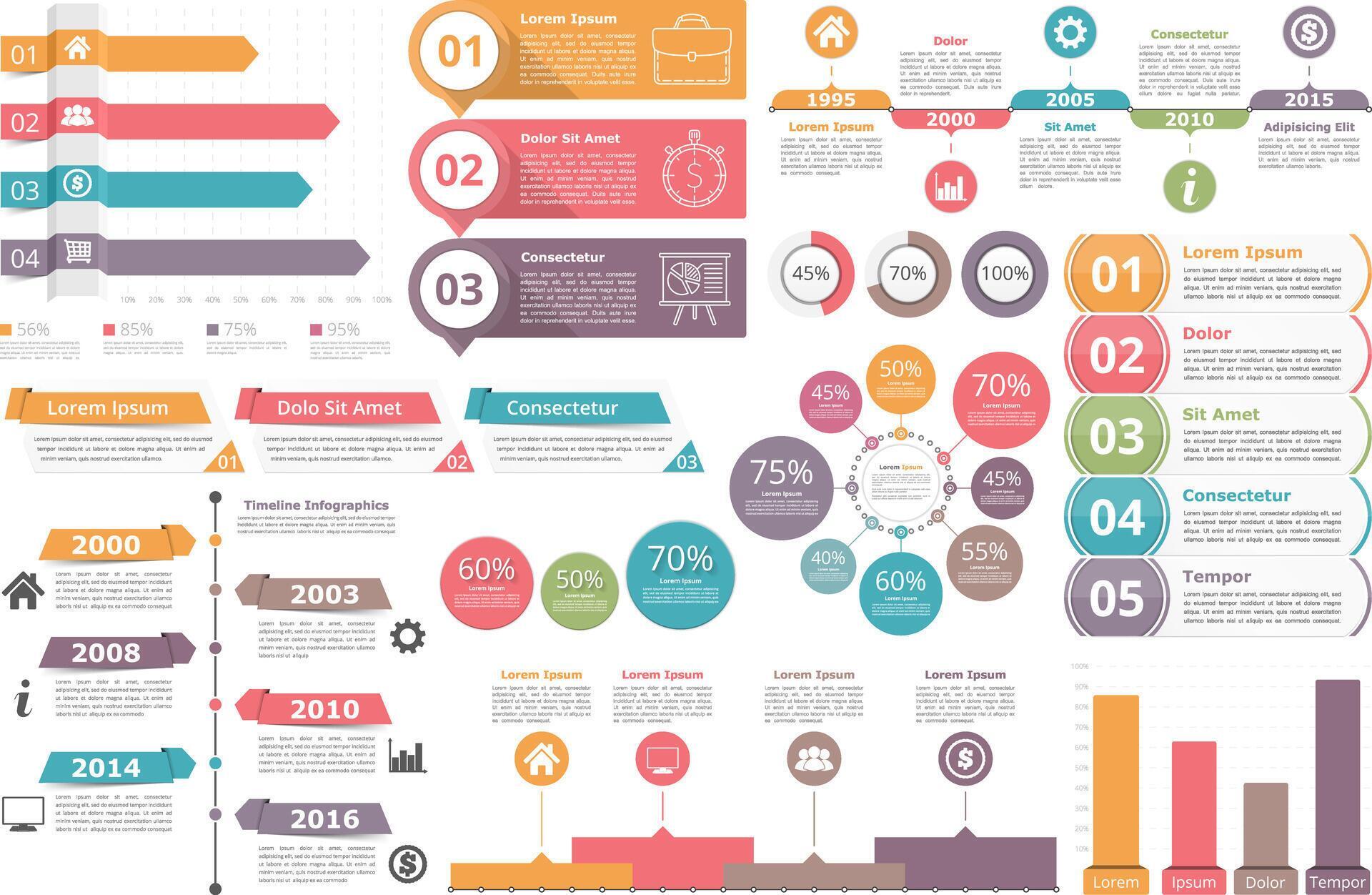 Set Of Infographic Elements Bar Graphs Timelines Circle Diagram Flowchart Objects With