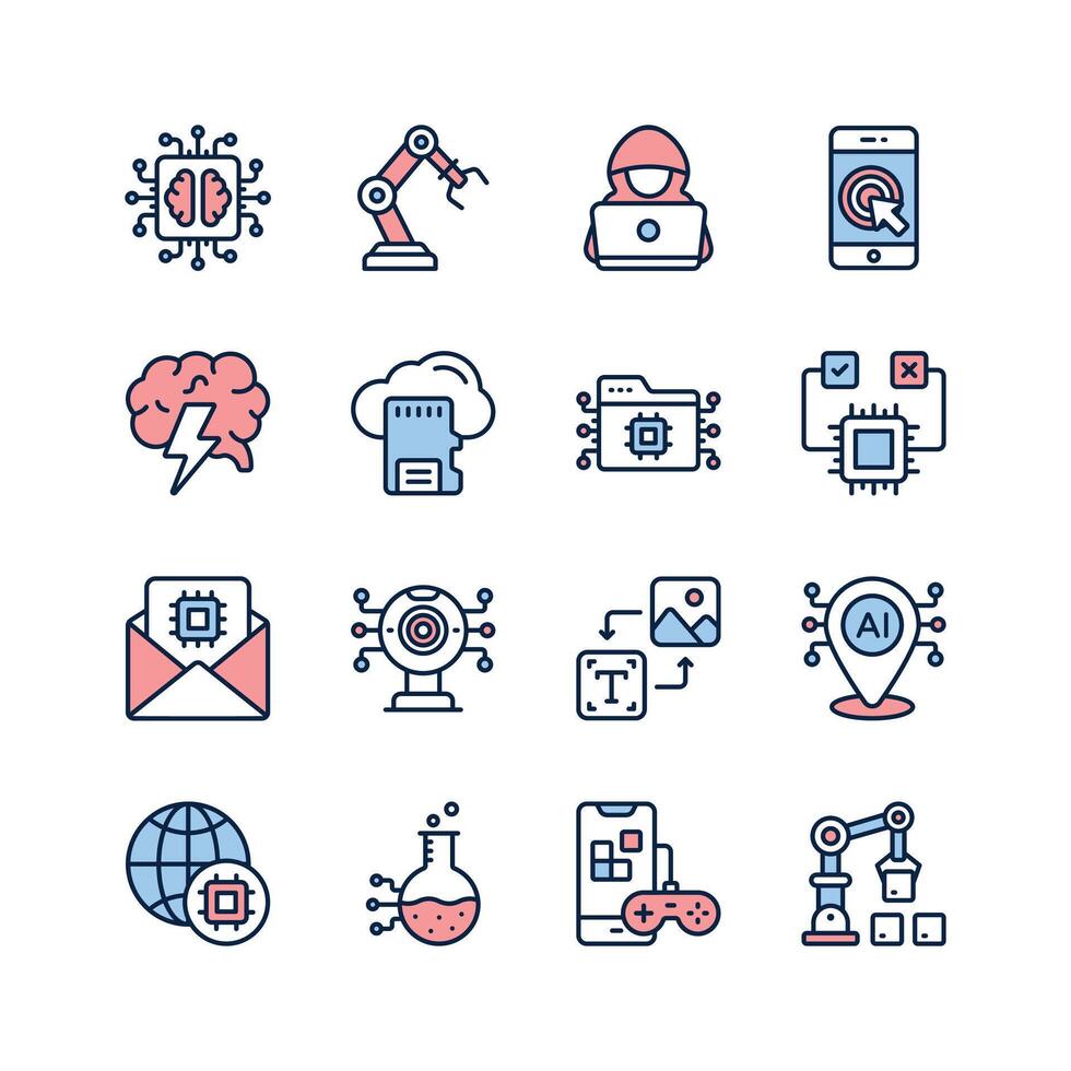 These icons represent various aspects of modern technology, including ...