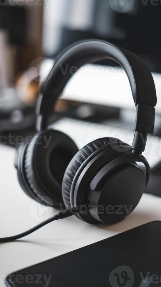 Black headphones on a desk, with an audio cable extending off frame ... Black headphones on a desk, with an audio cable extending off frame ...