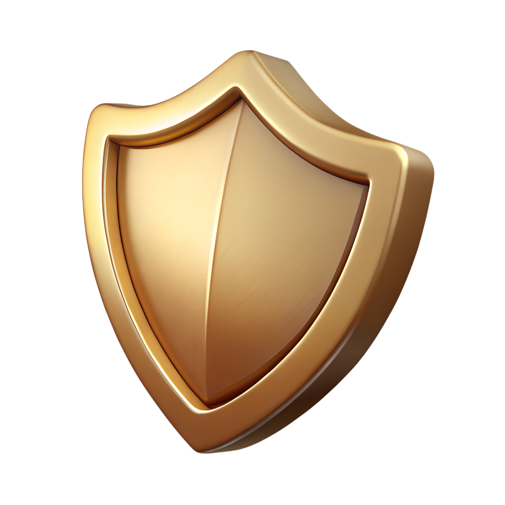 Gold shield emblem with a sleek design on a transparent background, symbolizing protection and ...