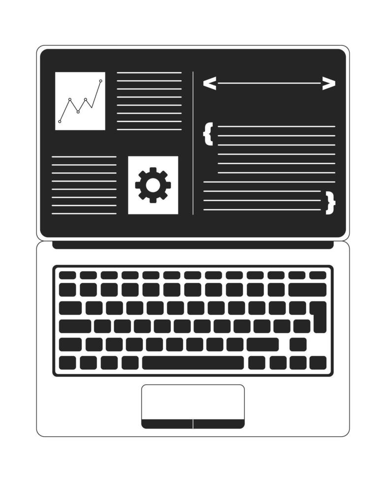 Open Laptop Screen With Programming Software Black And White 2d Line Object Gear Chart Brackets
