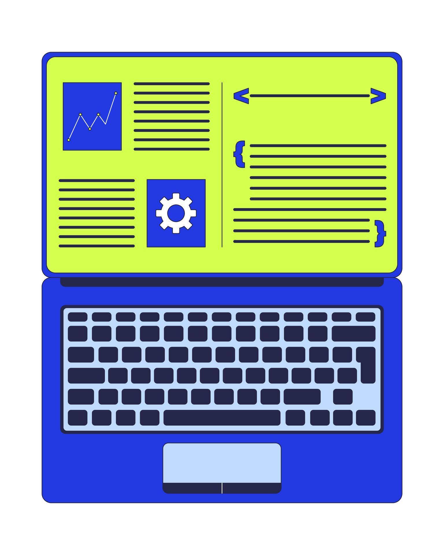 Open laptop screen with programming software 2D cartoon object. Gear chart brackets. Notebook ...