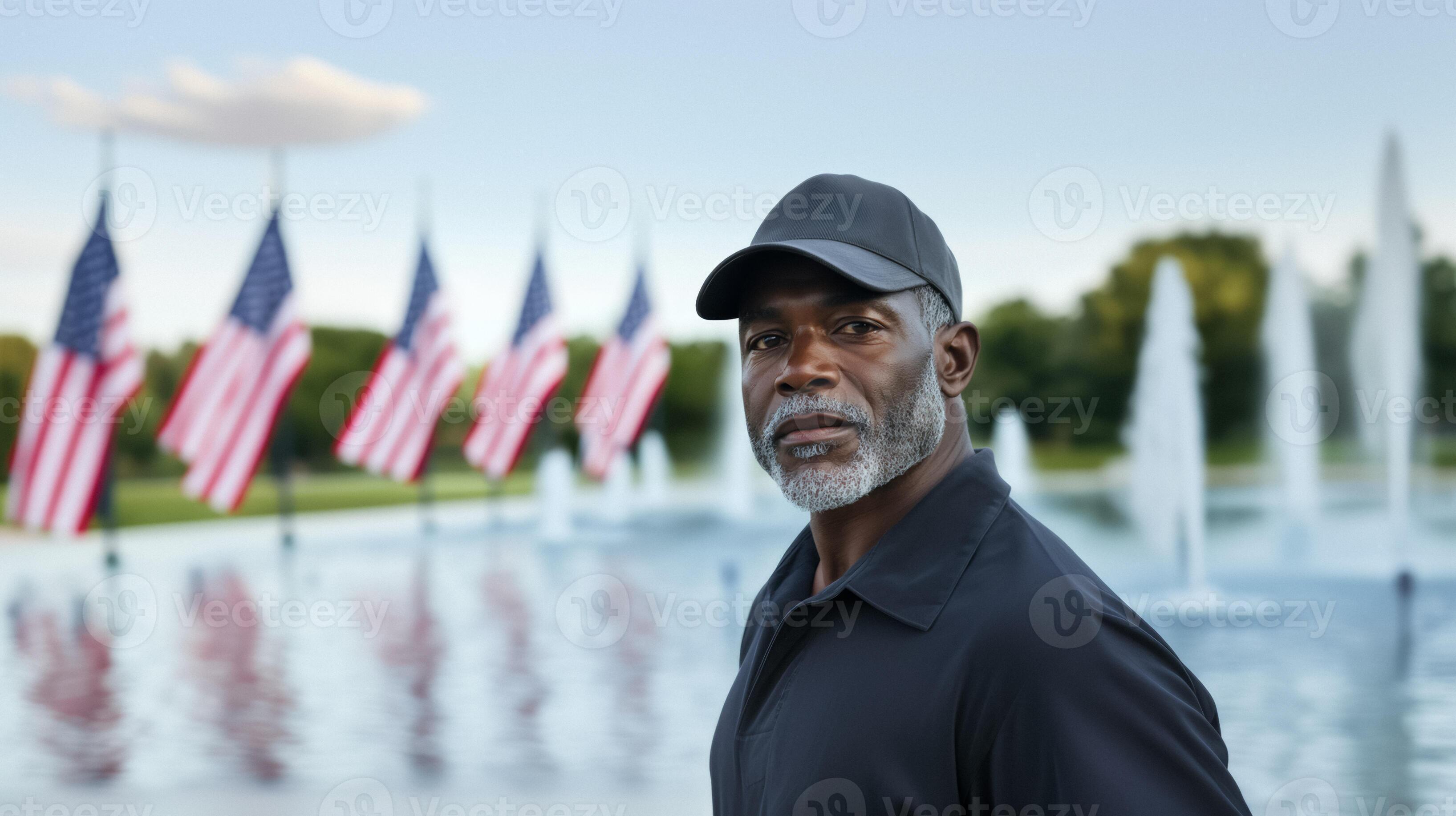African American veteran at the World War II Memorial with fountains ... African American veteran at the World War II Memorial with fountains ...