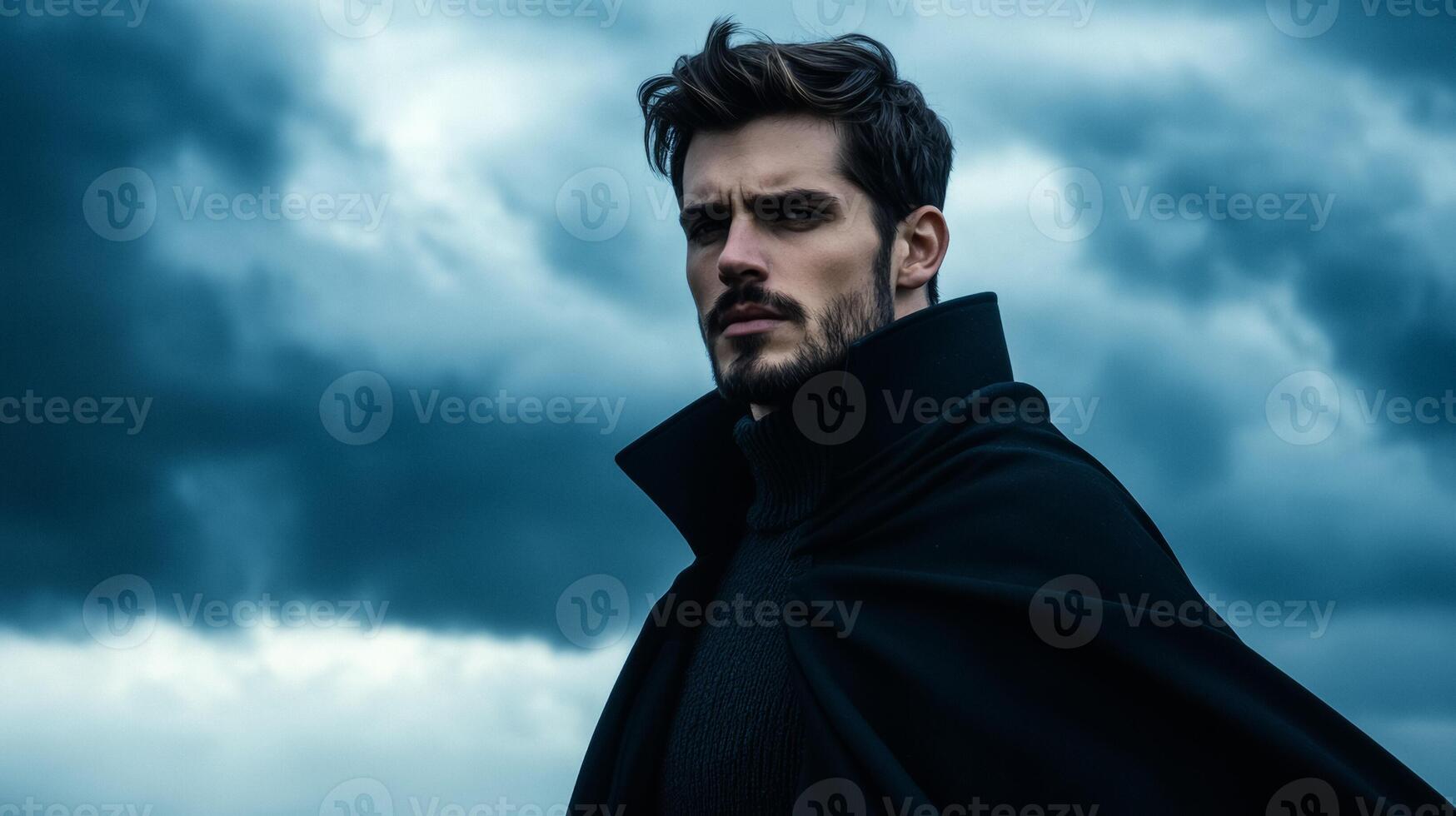 Artistic man with layered clothing and a dramatic cape set against a stormy sky background ...