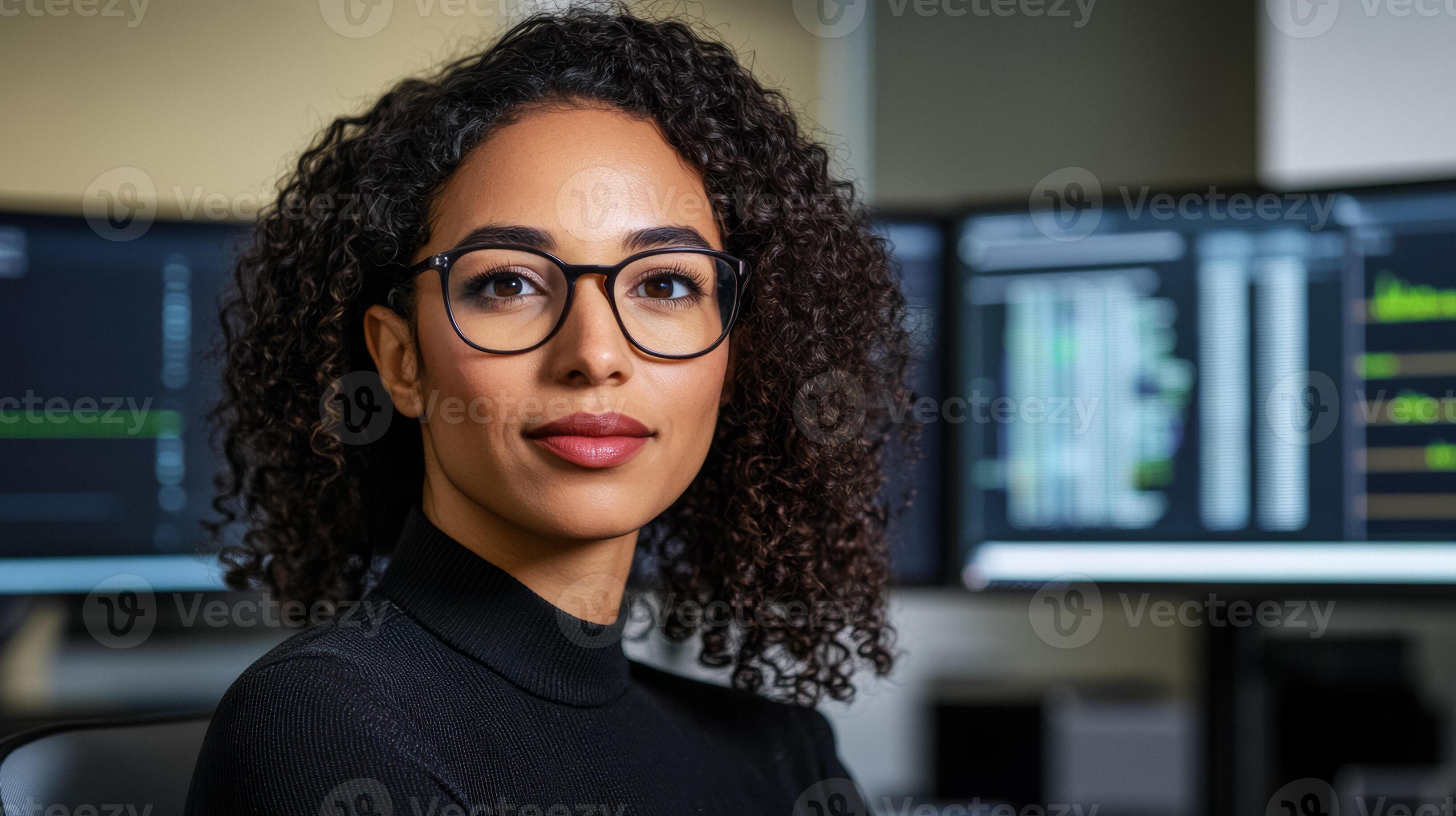 Female data scientist working with complex algorithms on multiple monitors her workspace filled ...