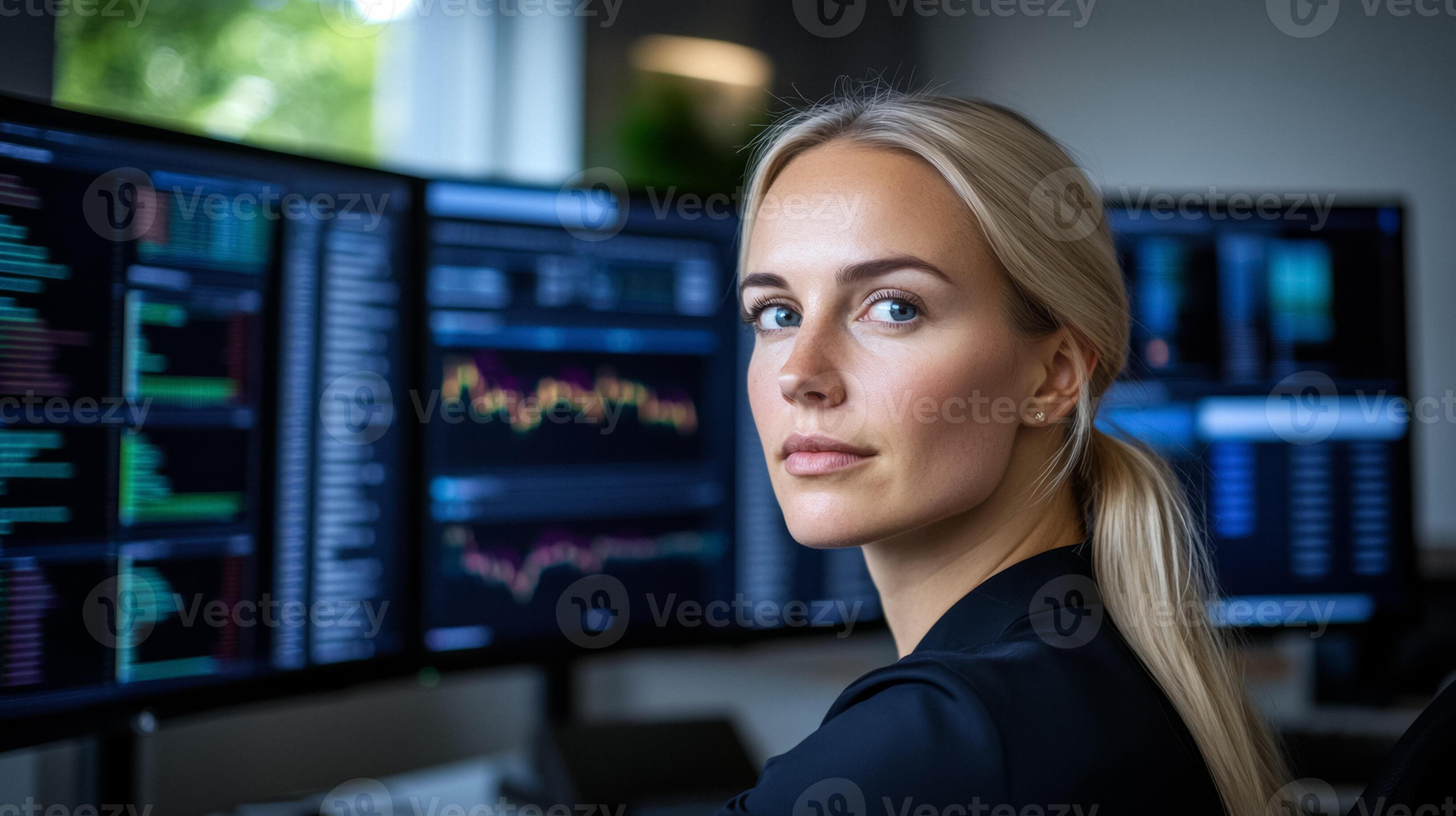 Female data scientist working with complex algorithms on multiple monitors her workspace filled ...