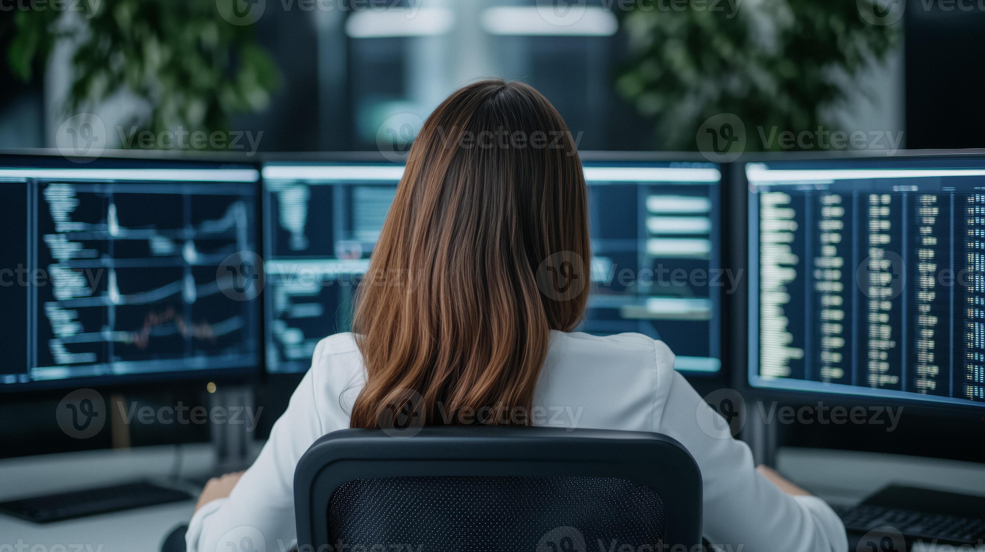 Female data scientist working with complex algorithms on multiple monitors her workspace filled ...