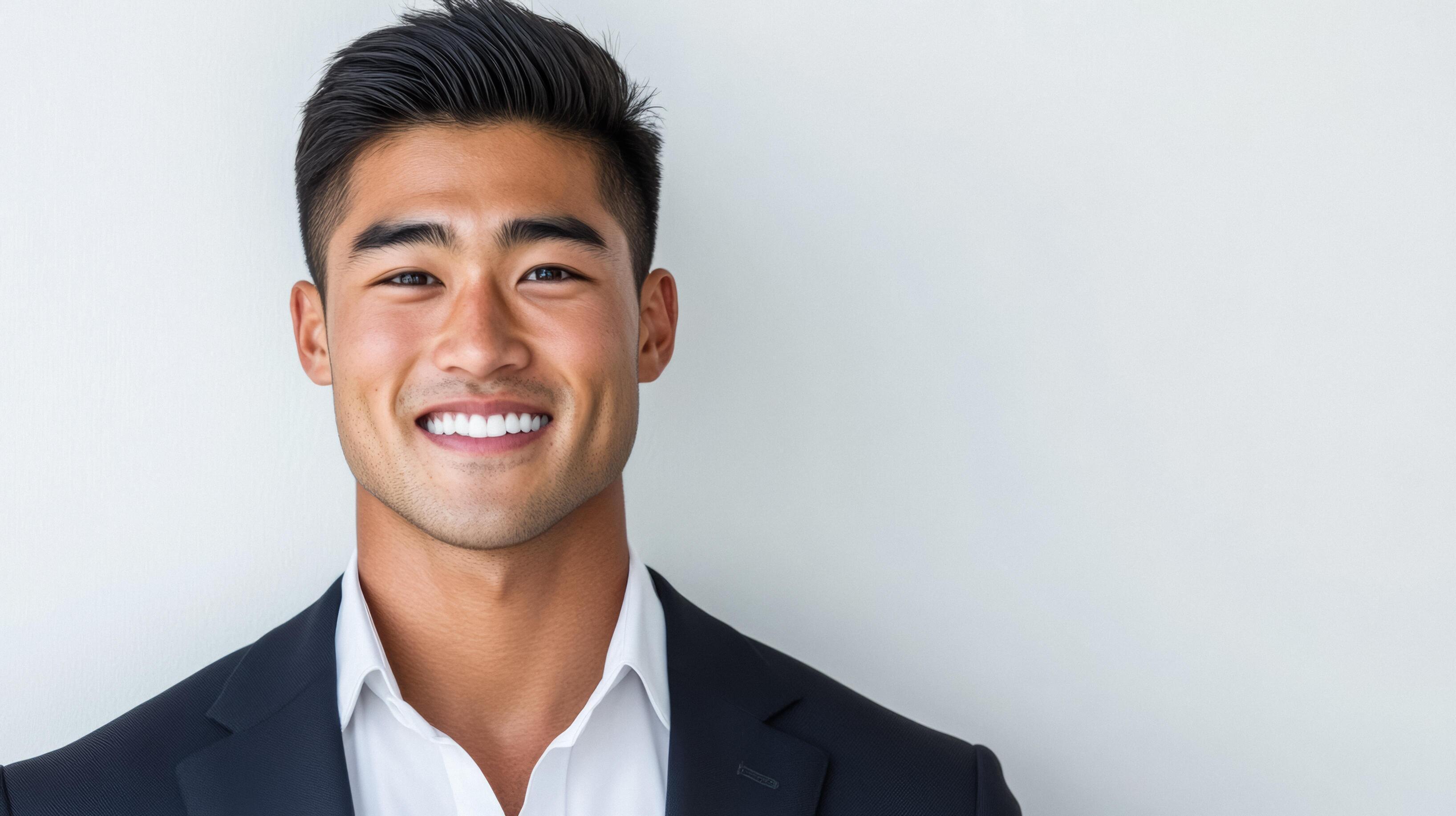 Handsome East Asian man smiling confidently with short black hair and a ...