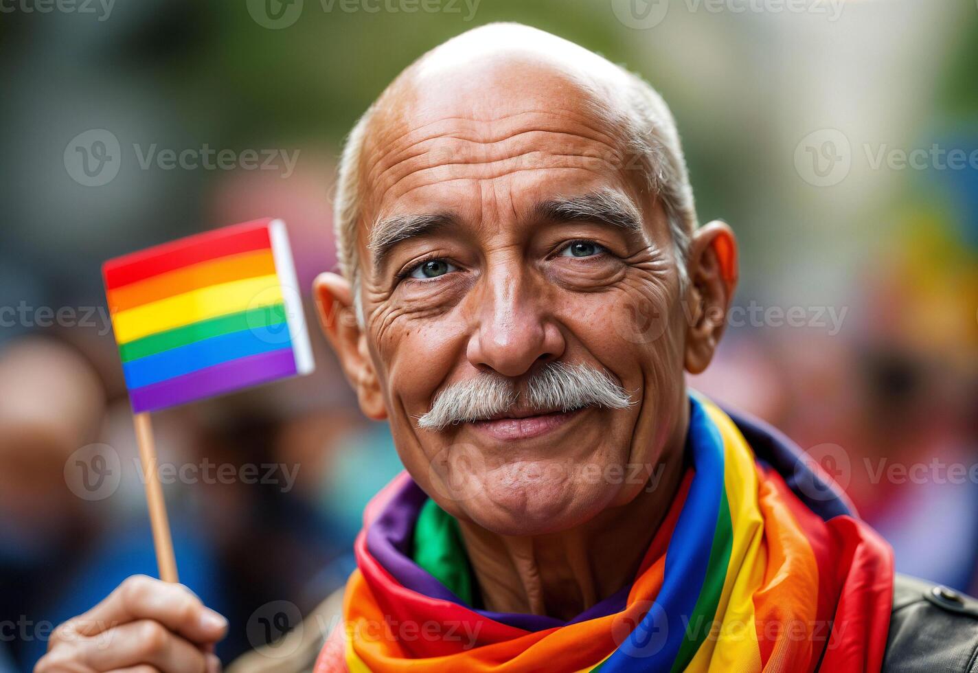 Smiling elderly man with mustache holding rainbow flag at LGBTQ pride ...