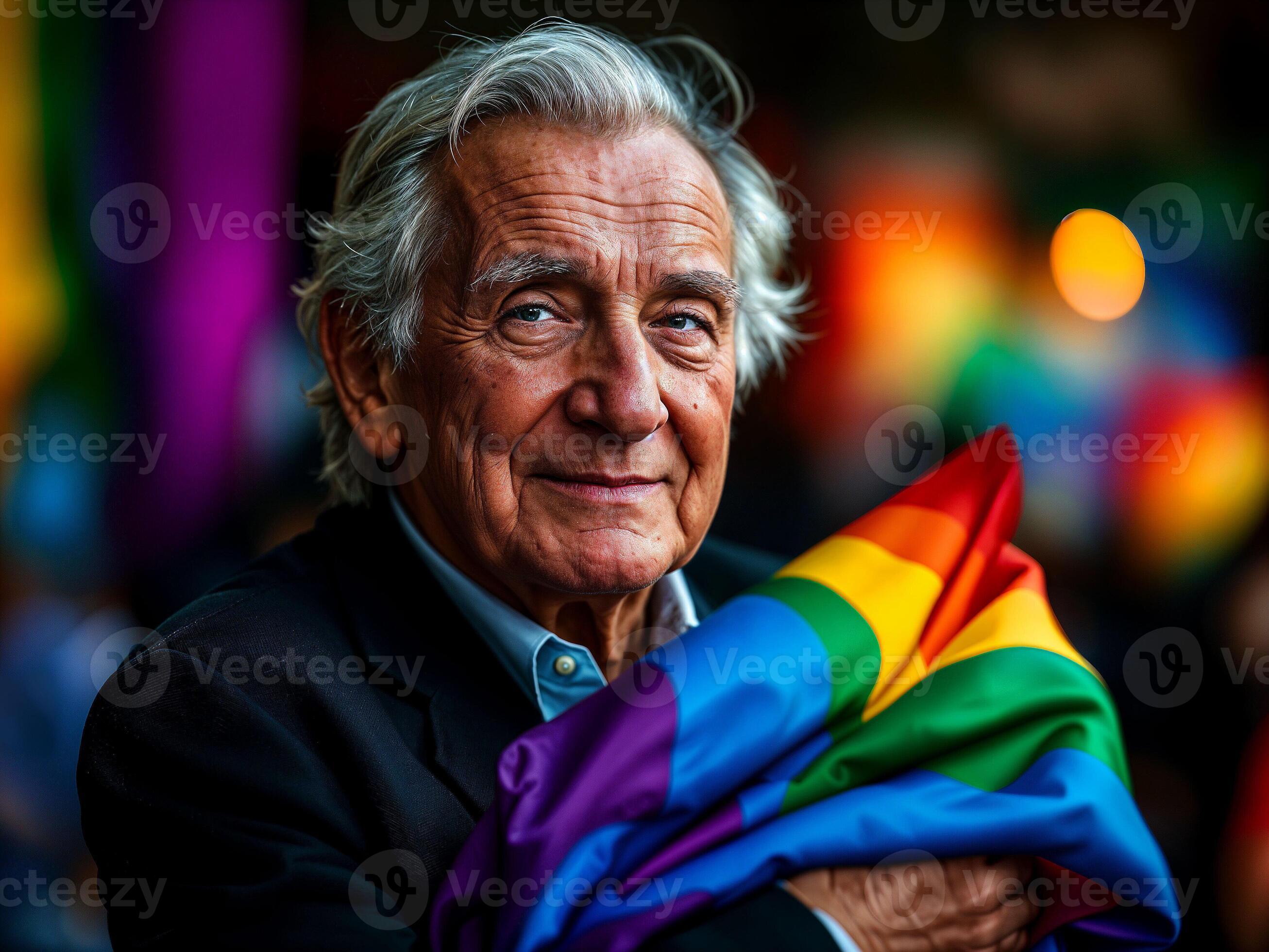 Elderly man holding rainbow pride flag with a warm smile at LGBTQ pride ...
