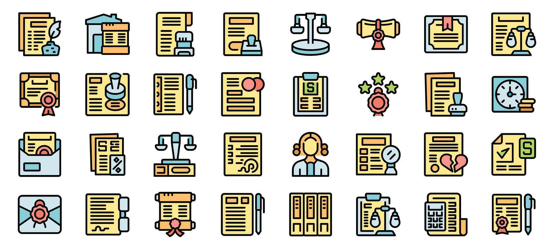 Notary public signing and authenticating document icons set in thin ... Notary public signing and authenticating document icons set in thin ...