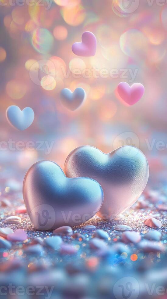 Two satin hearts gently resting on a shimmering, glittery surface with ...