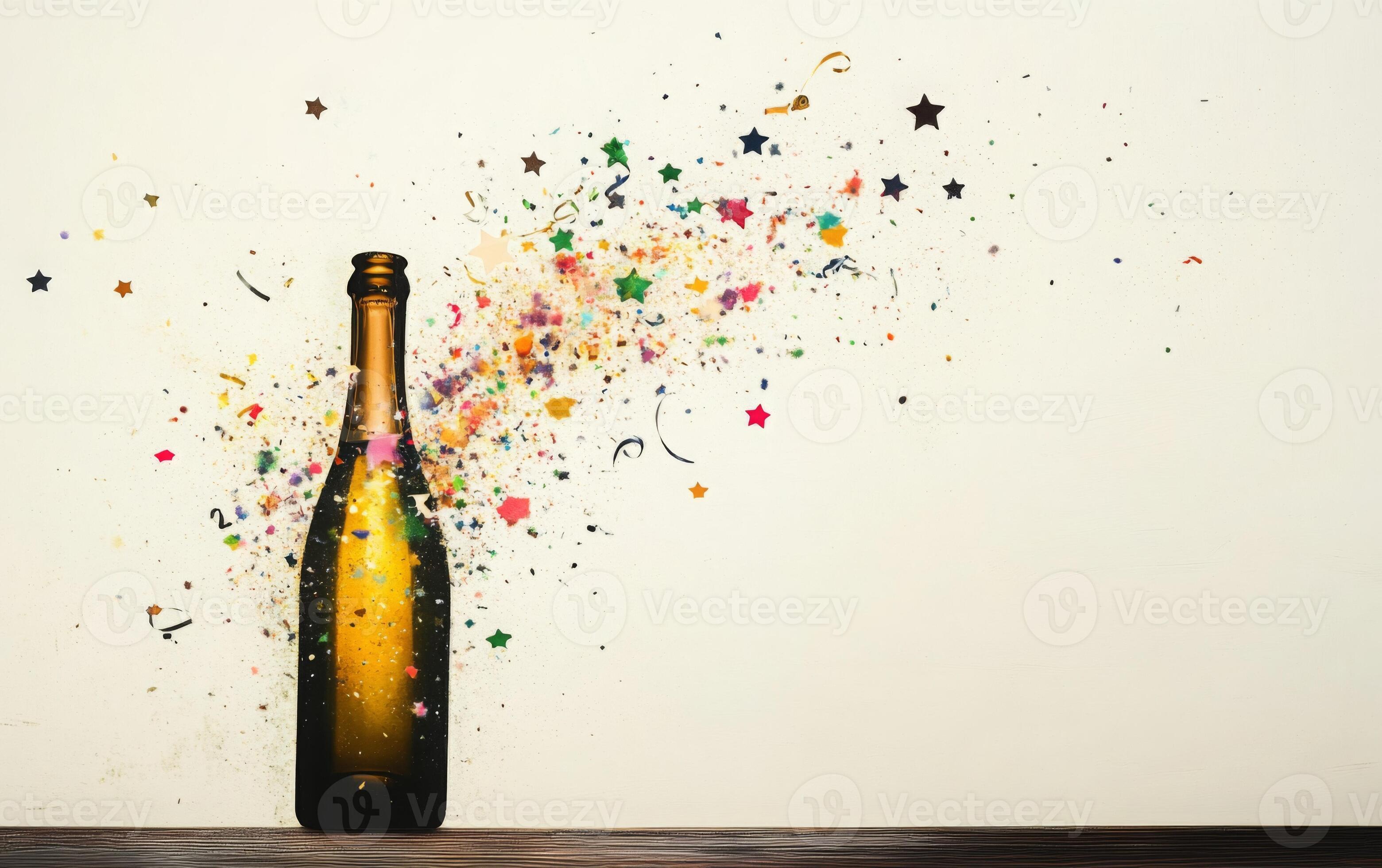 Festive champagne bottle with stars and streamers bursting outward, leaving empty space at the ...