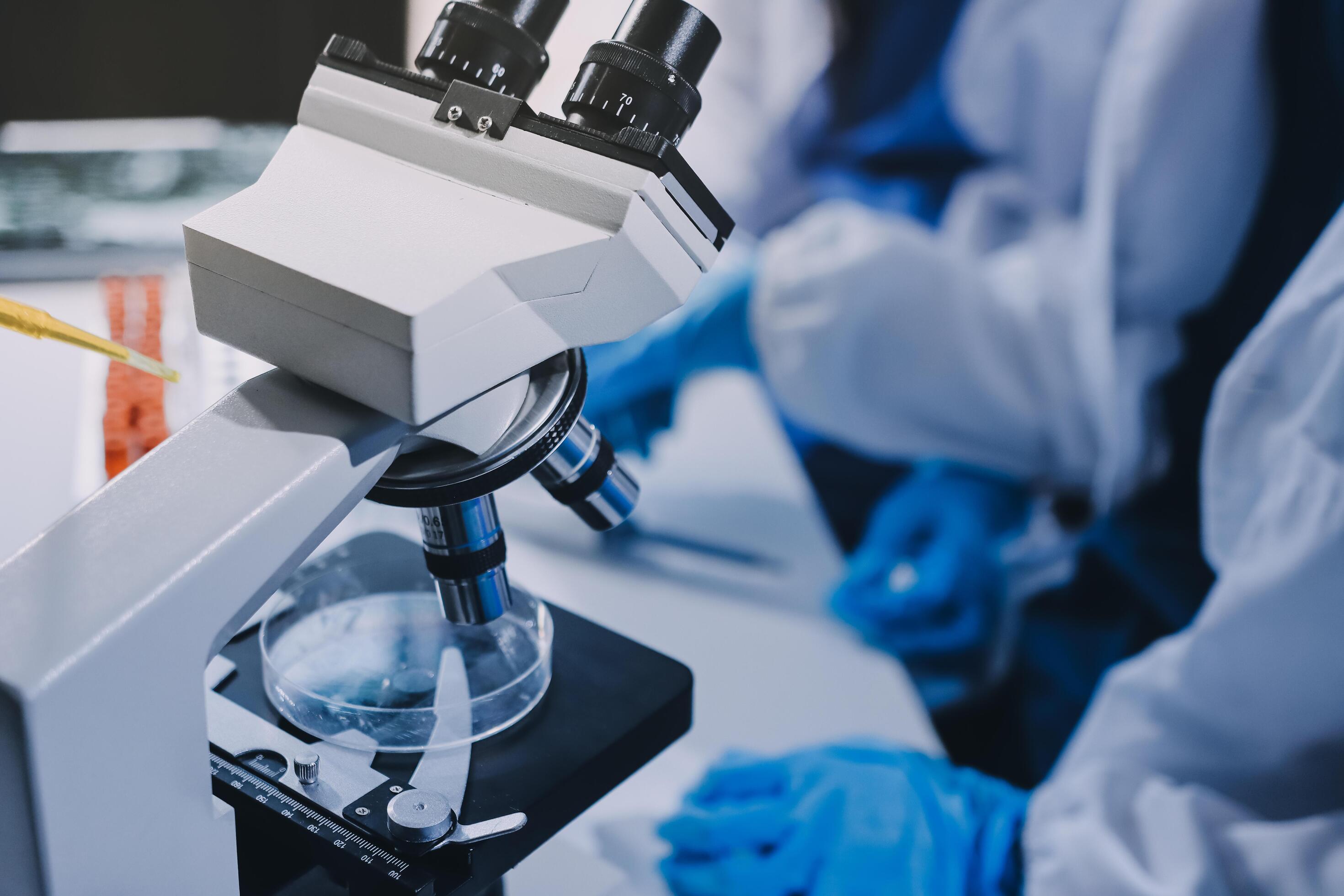 Scientist using microscope in laboratory. Close-up of a researcher's hands adjusting a modern ...