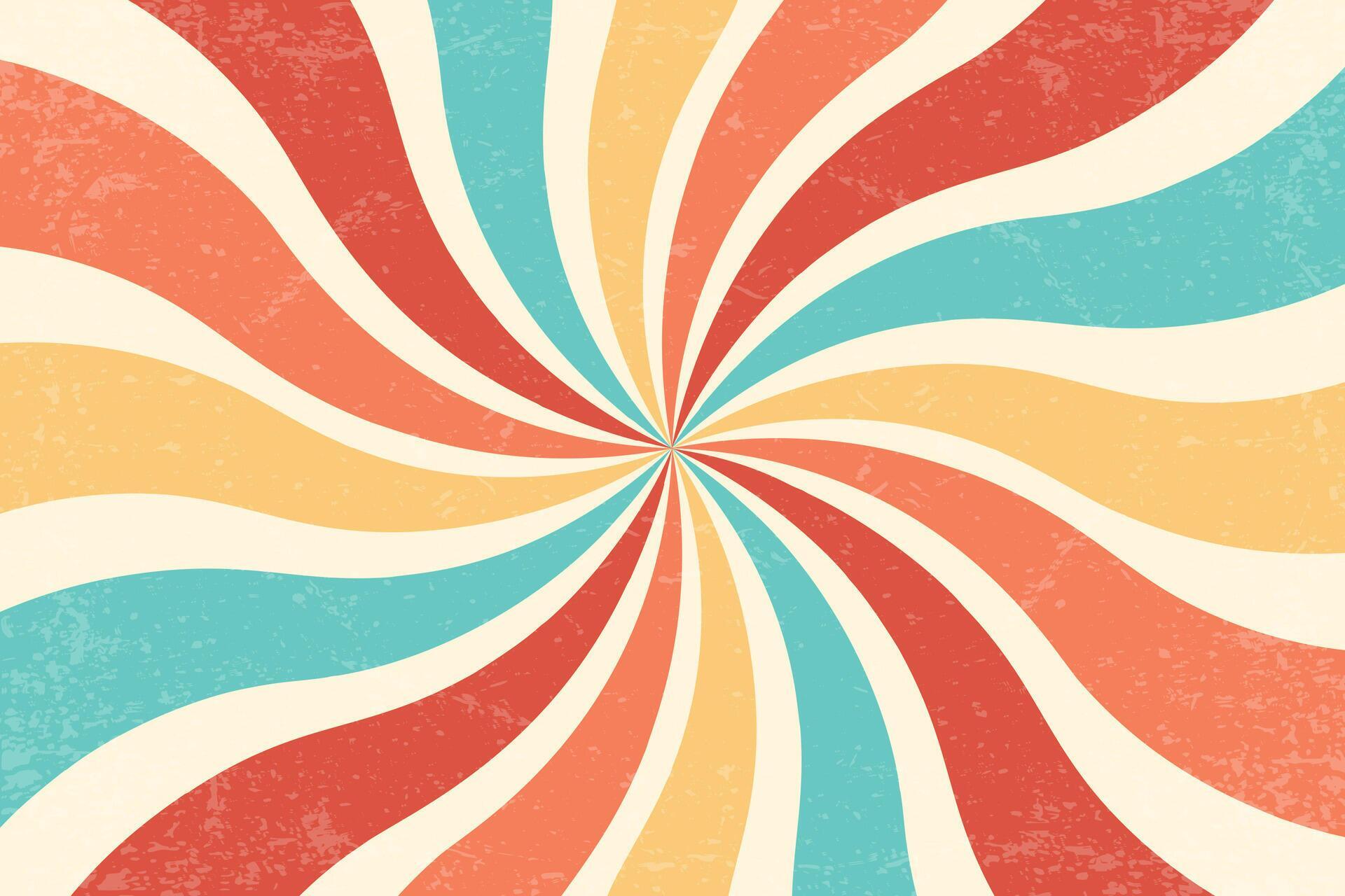 Spiral retro pattern background. Swirl groovy sun rays. Psychedelic radial burst with grunge ...
