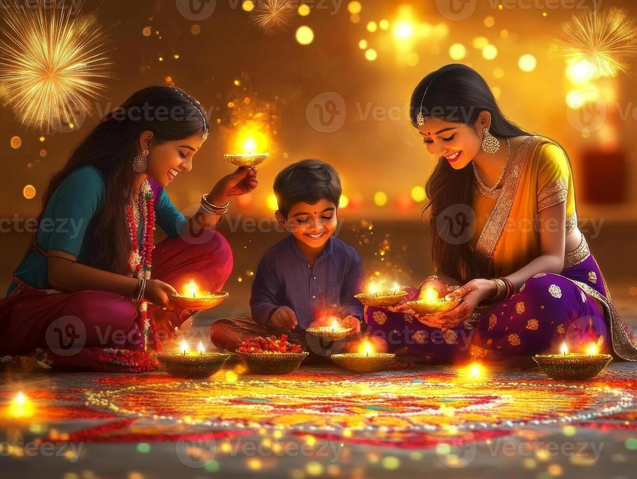 Indian family celebrating Diwali with lit diyas and rangoli 51501820 Stock Photo at Vecteezy