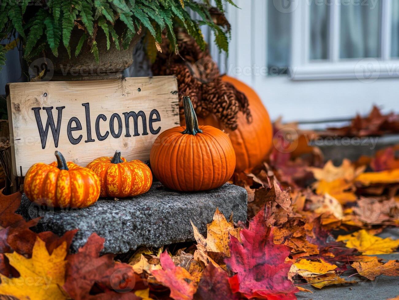 Fall Welcome Sign with Pumpkins and Autumn Leaves 51502069 Stock Photo ...