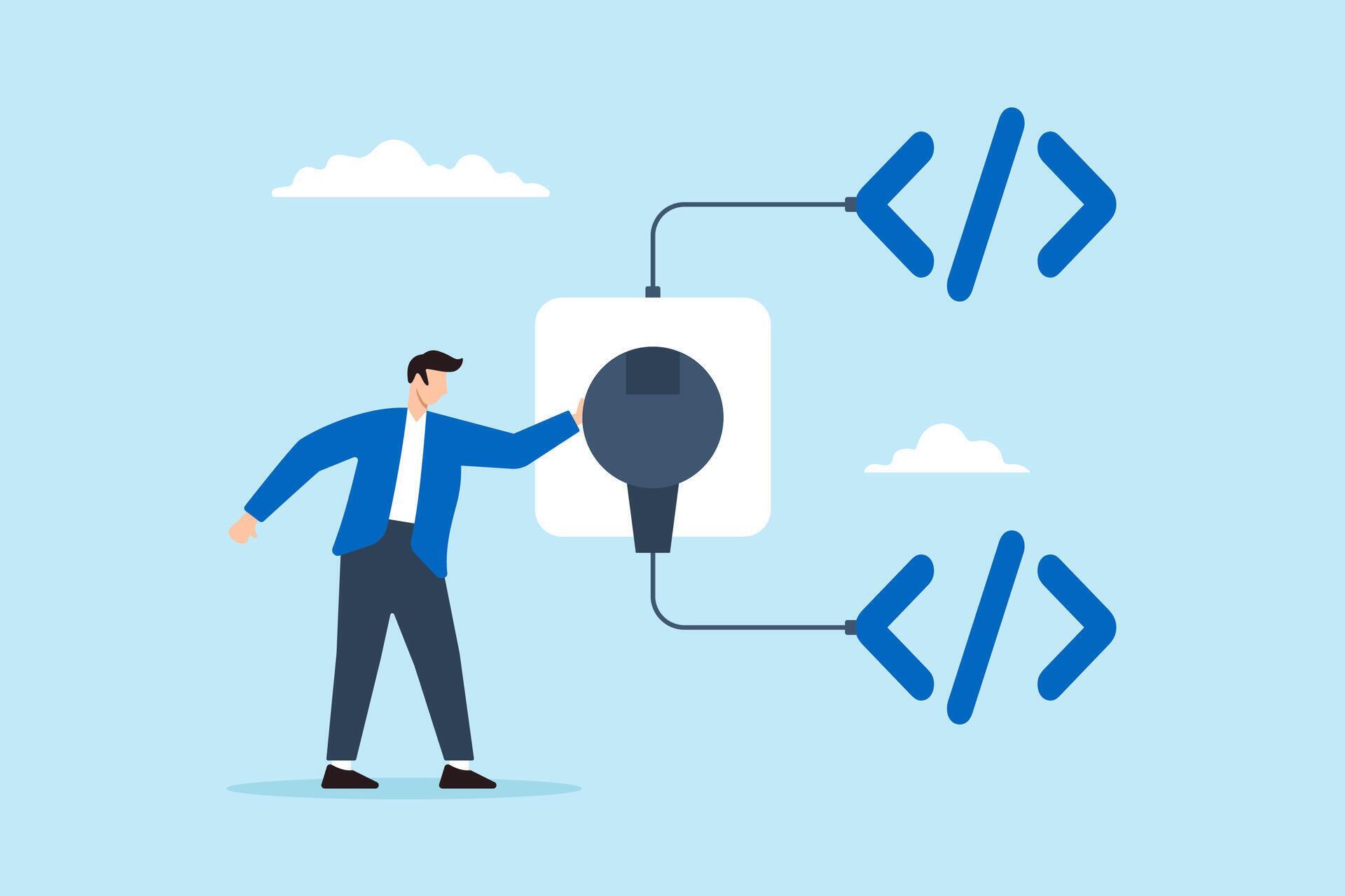 Flat Illustration Of Programmer Connects Socket Between Coding Programs Illustrating Api For