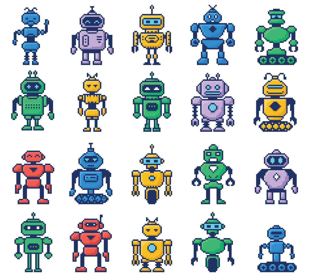 Pixel art robots. Futuristic robot, 8bit bot mascot and retro humanoid. Cyborg and android ...