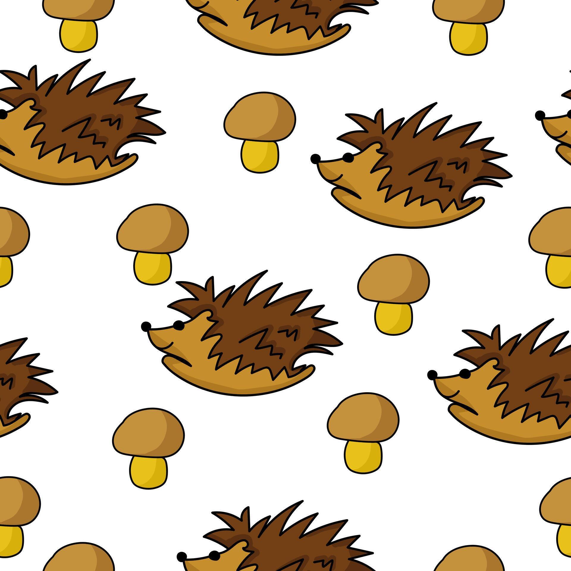 Seamless pattern of cute hedgehogs and mushrooms, positive thorny ...
