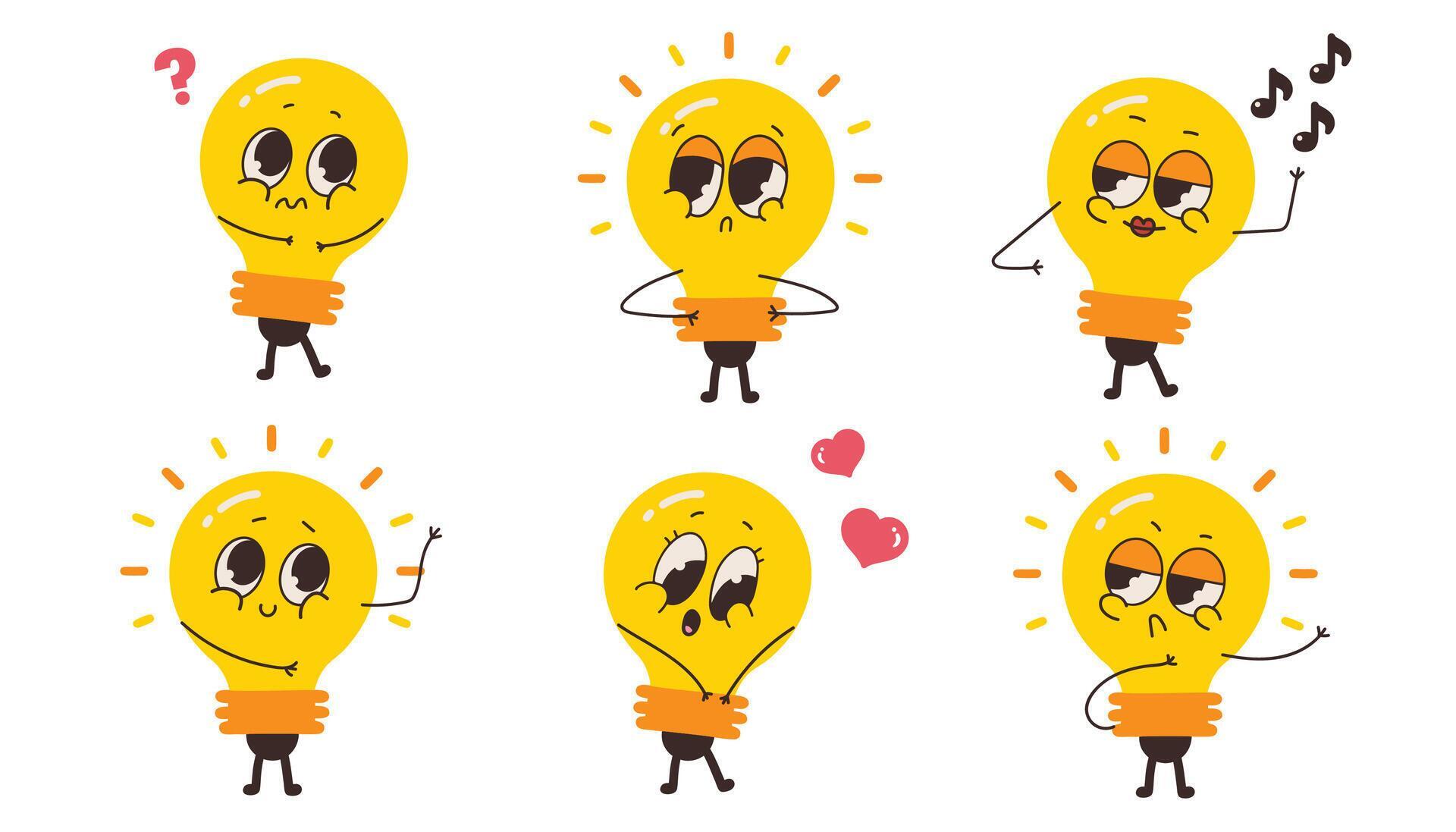 Set of yellow lightbulb character with different emotions. illustration ...