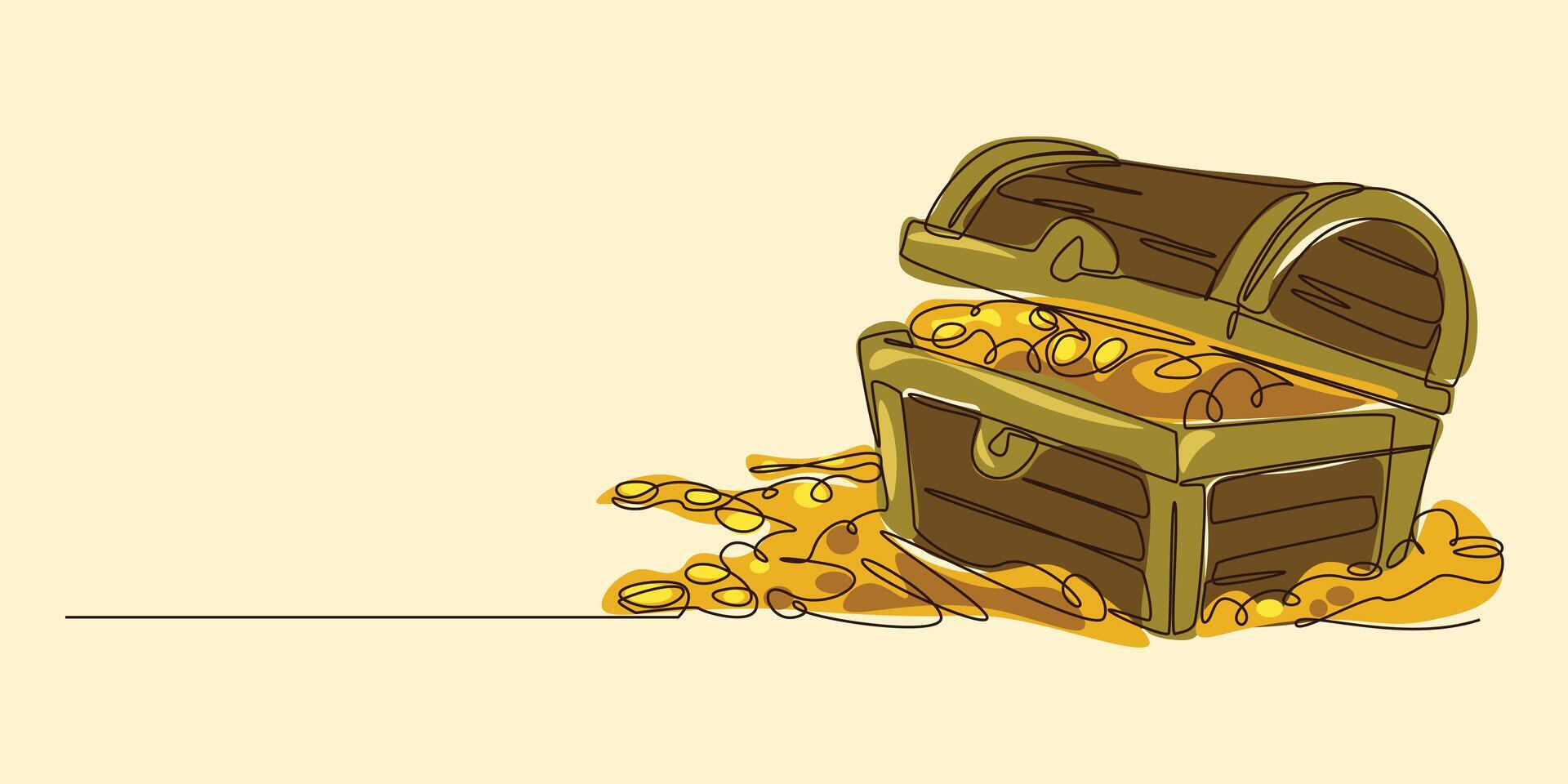 Continuous one line drawing of treasure chest. Opened treasure chest contains many gold coins ...