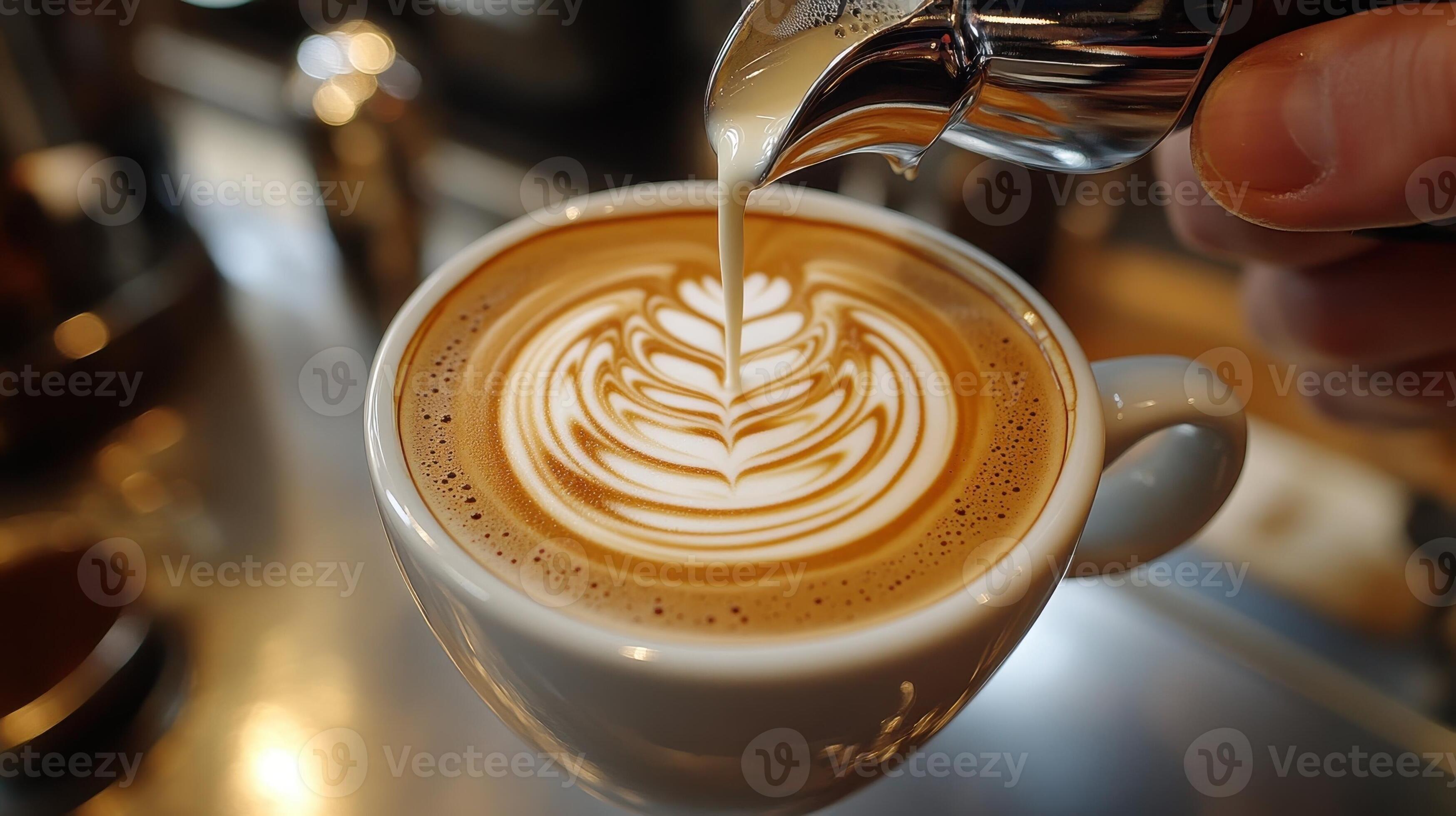 Barista pouring milk into latte art coffee, creating a fern design. Concept coffee shop, barista ...