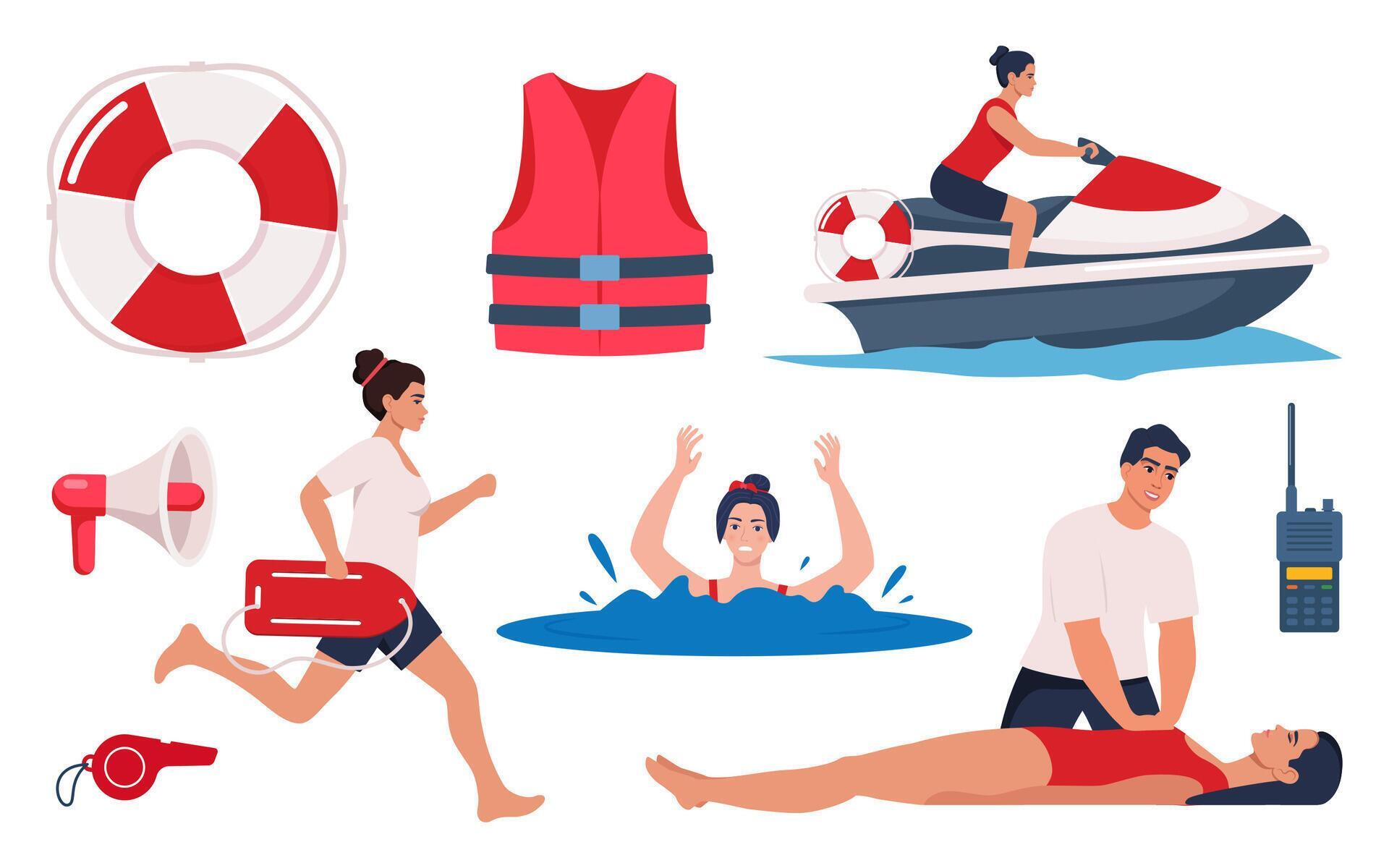 Beach lifeguards equipment set. Loudspeaker, sunglasses, lifebuoy ...