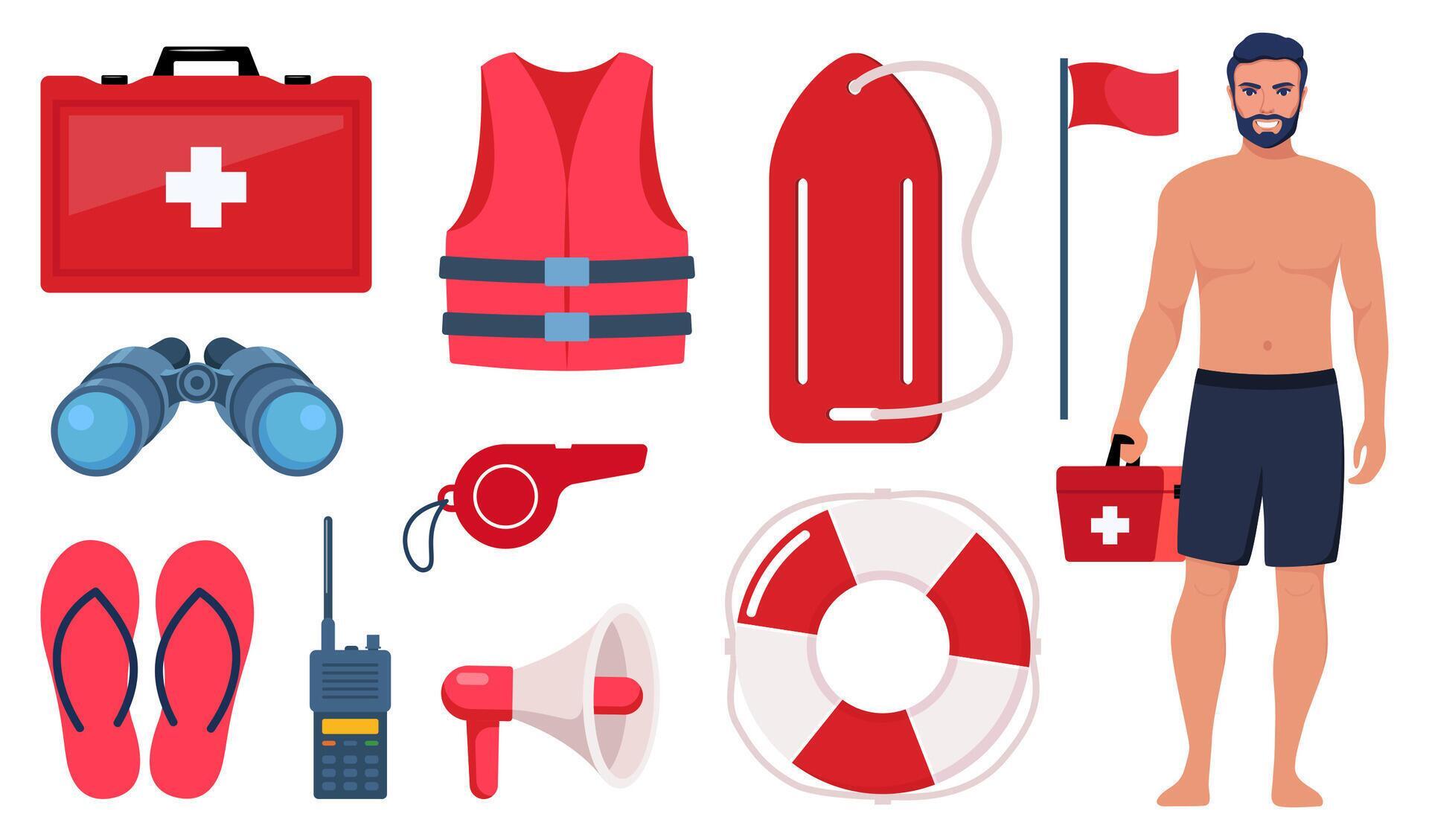Beach lifeguards equipment set. Loudspeaker, sunglasses, lifebuoy ...