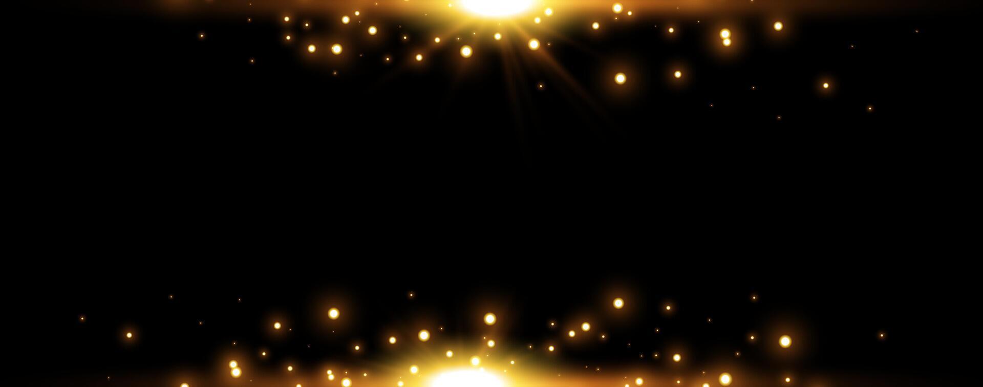 Gold glittering dots, sparkles, particles and stars on a black background. Abstract light effect ...