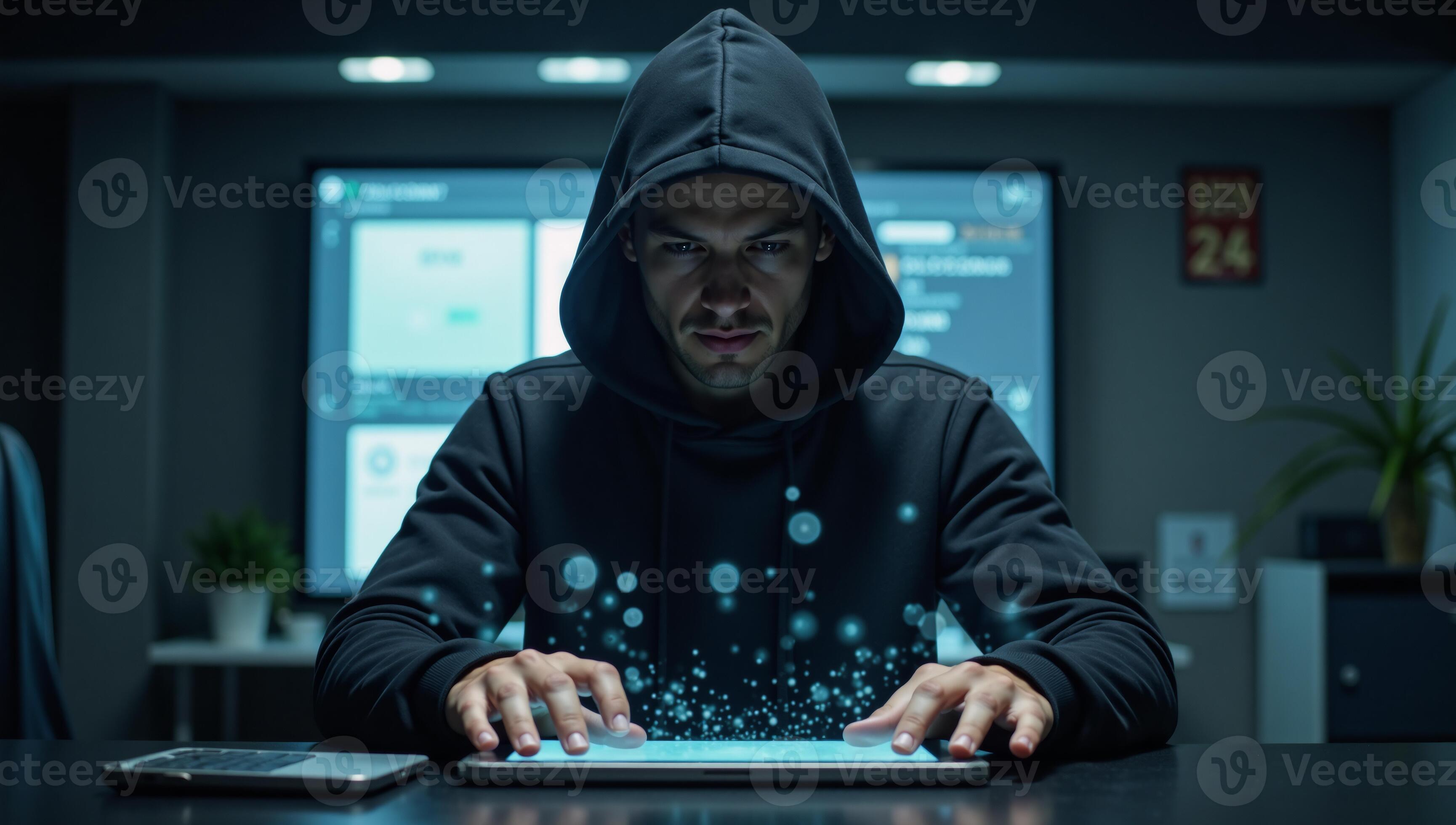 A man wearing a hood depicted as a cyberhacker surrounded by floating holograms and data streams ...