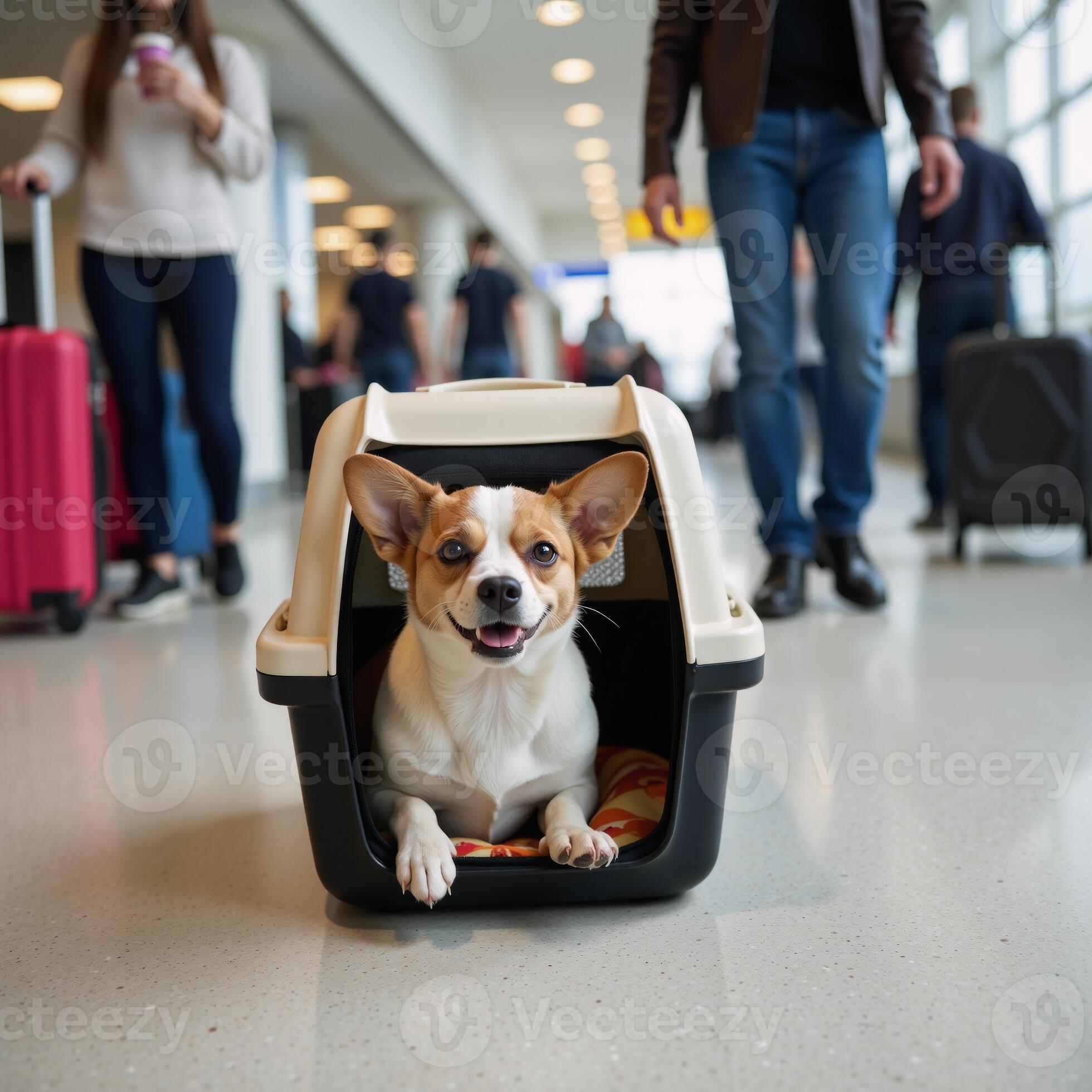 A cute dog traveling in a pet carrier at an airport terminal with its ...